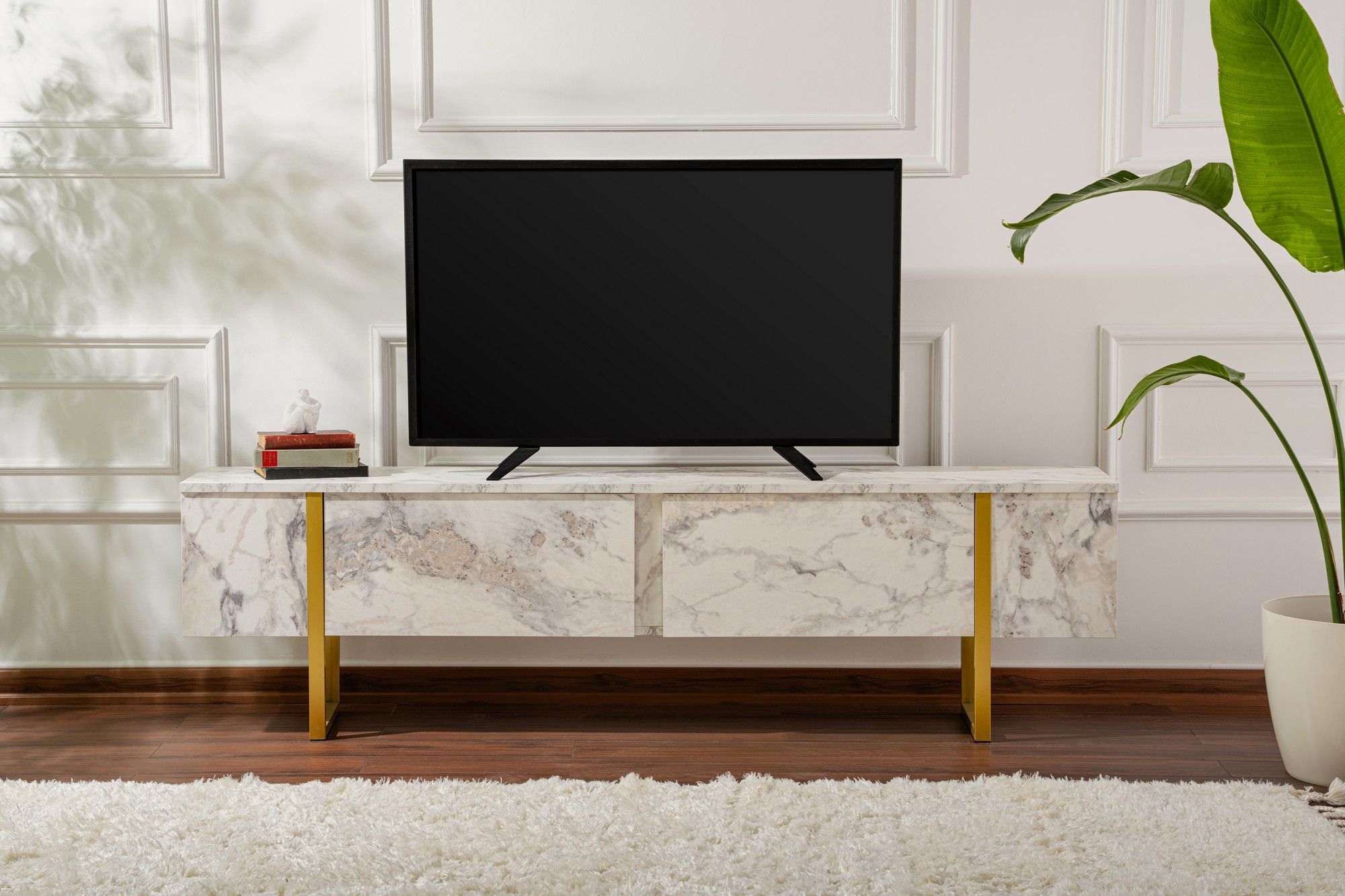 Meuble tv moderne 2 portes basculantes Domenica L180cm Effet marbre et ...