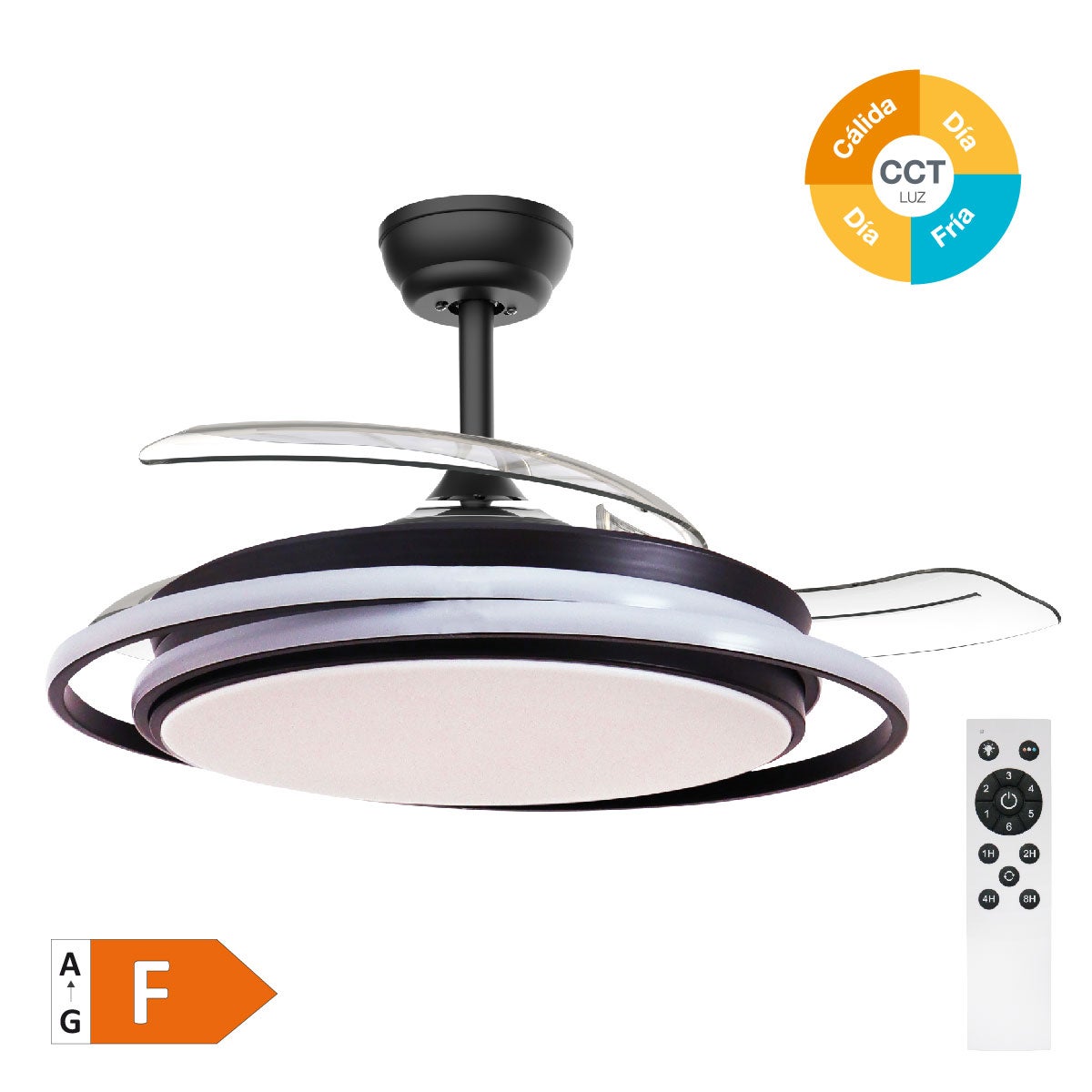 Ventilador de techo con luz de aspas retráctiles Ø107cm negro Motor DC ...