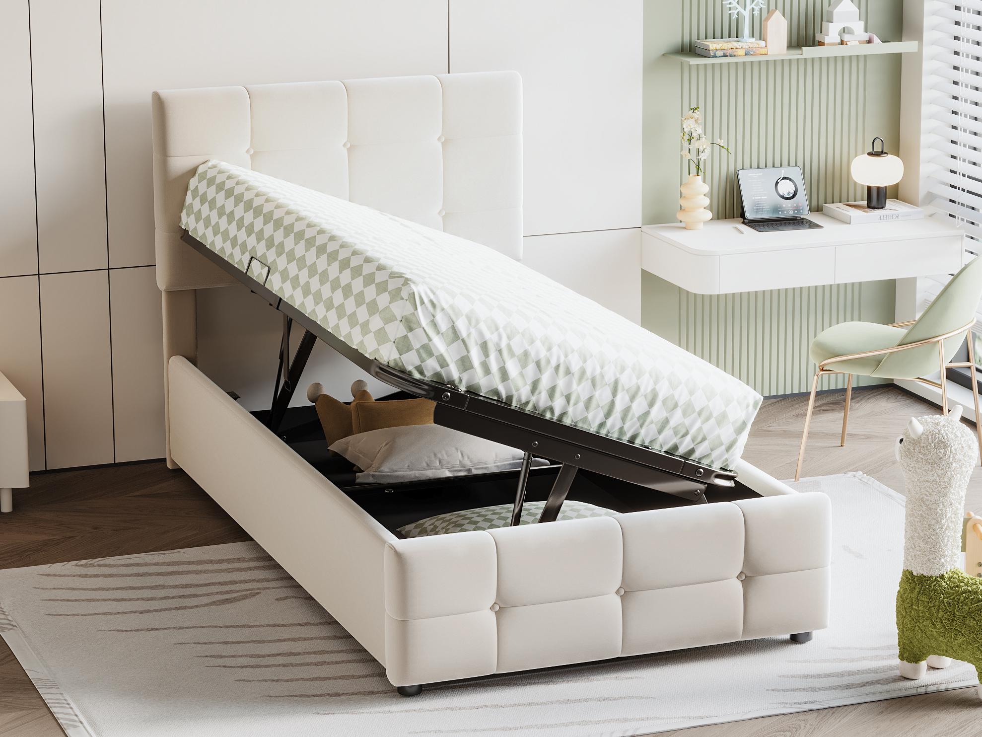 Lit coffre capitonné 90x200cm en velours - Beige | Leroy Merlin