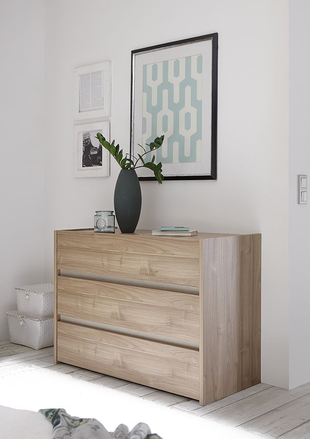 Commode moderne à 3 tiroirs, finition noyer clair et argile | Leroy Merlin