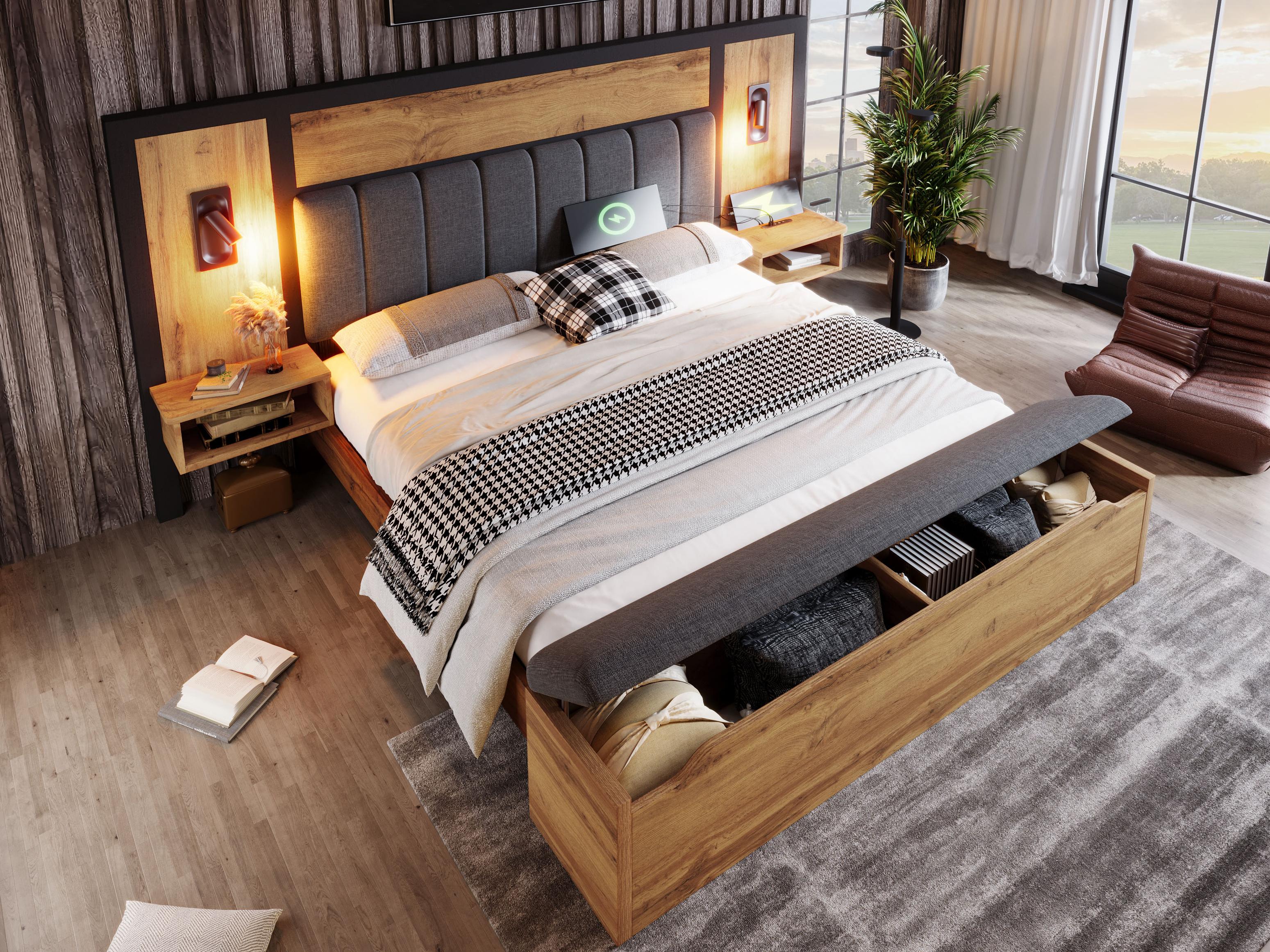 Lit adulte 160×200cm - avec liseuse + prises chargement + banquette de ...