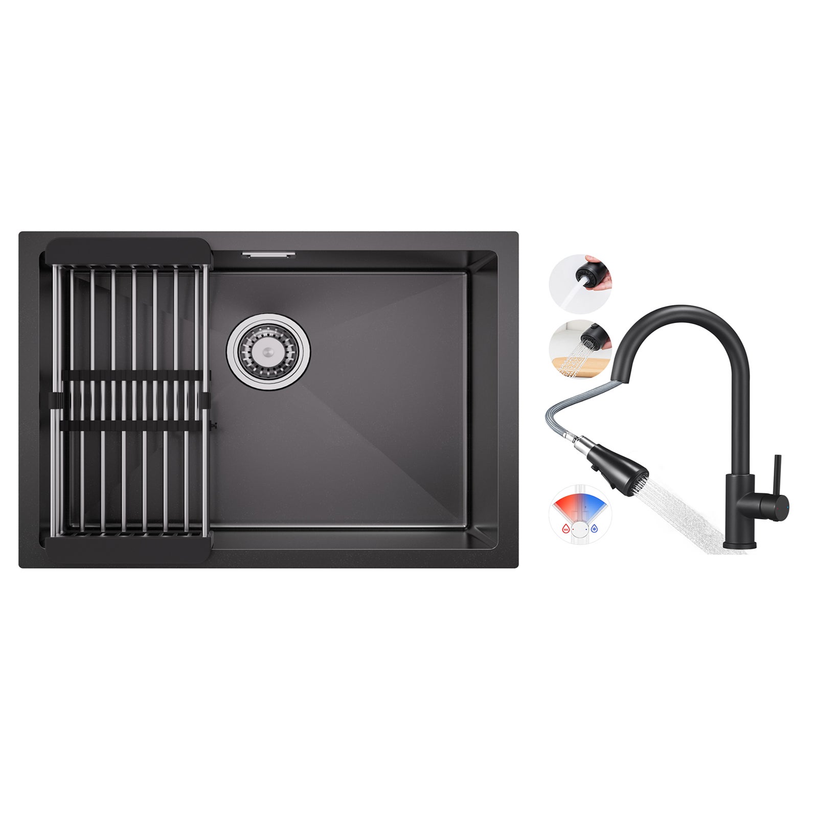 Fregadero de cocina de acero inoxidable negro de 1 cubeta de 60 × 44 cm ...