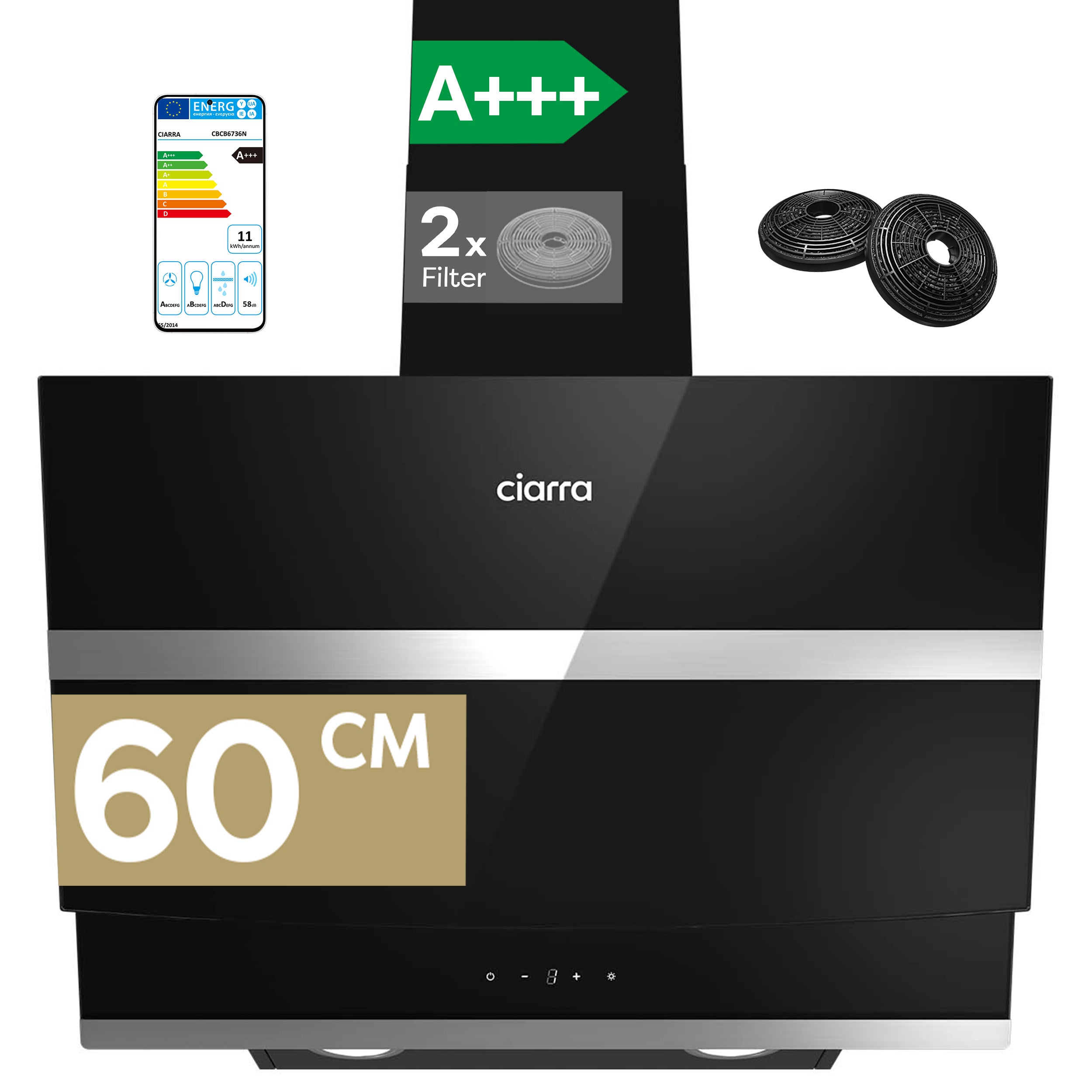CIARRA Hotte Tactile 60cm 650 m3/h Classe A+++ 4 Vitesses Booster Wi-Fi ...