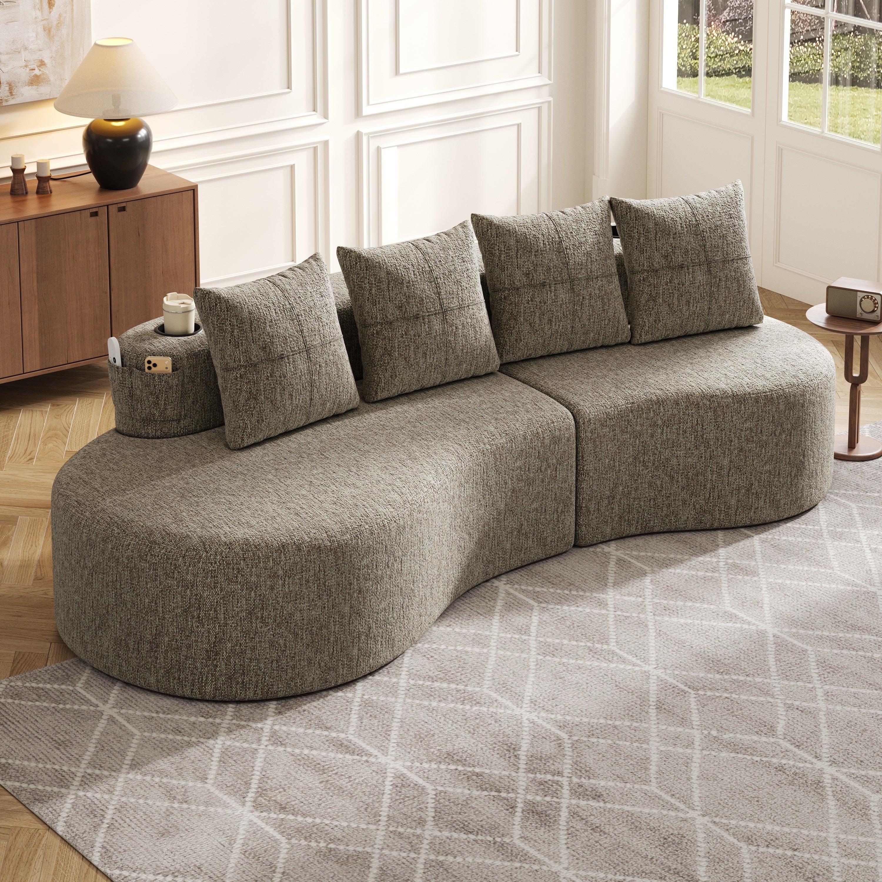 Canapé 240x109x63cm, lin + marron clair, 4 coussins, mousse haute ...