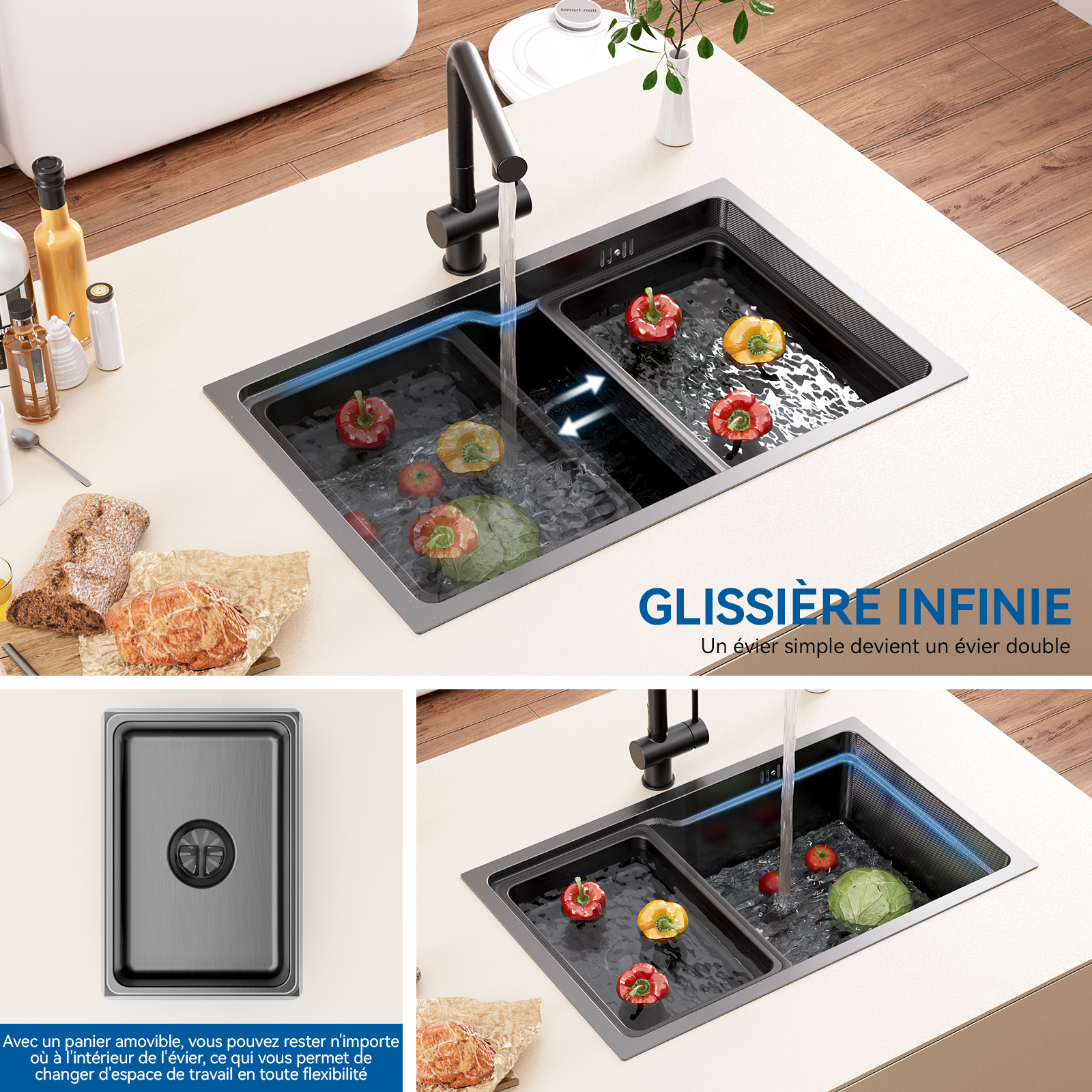 Évier 1 Bac Avec Bassin de stockage - Noir Évier Inox de Cuisine Évier ...