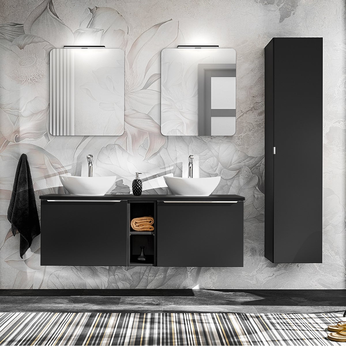 Ensemble meuble double vasque 140cm 2 niches et colonne Éros Noir ...