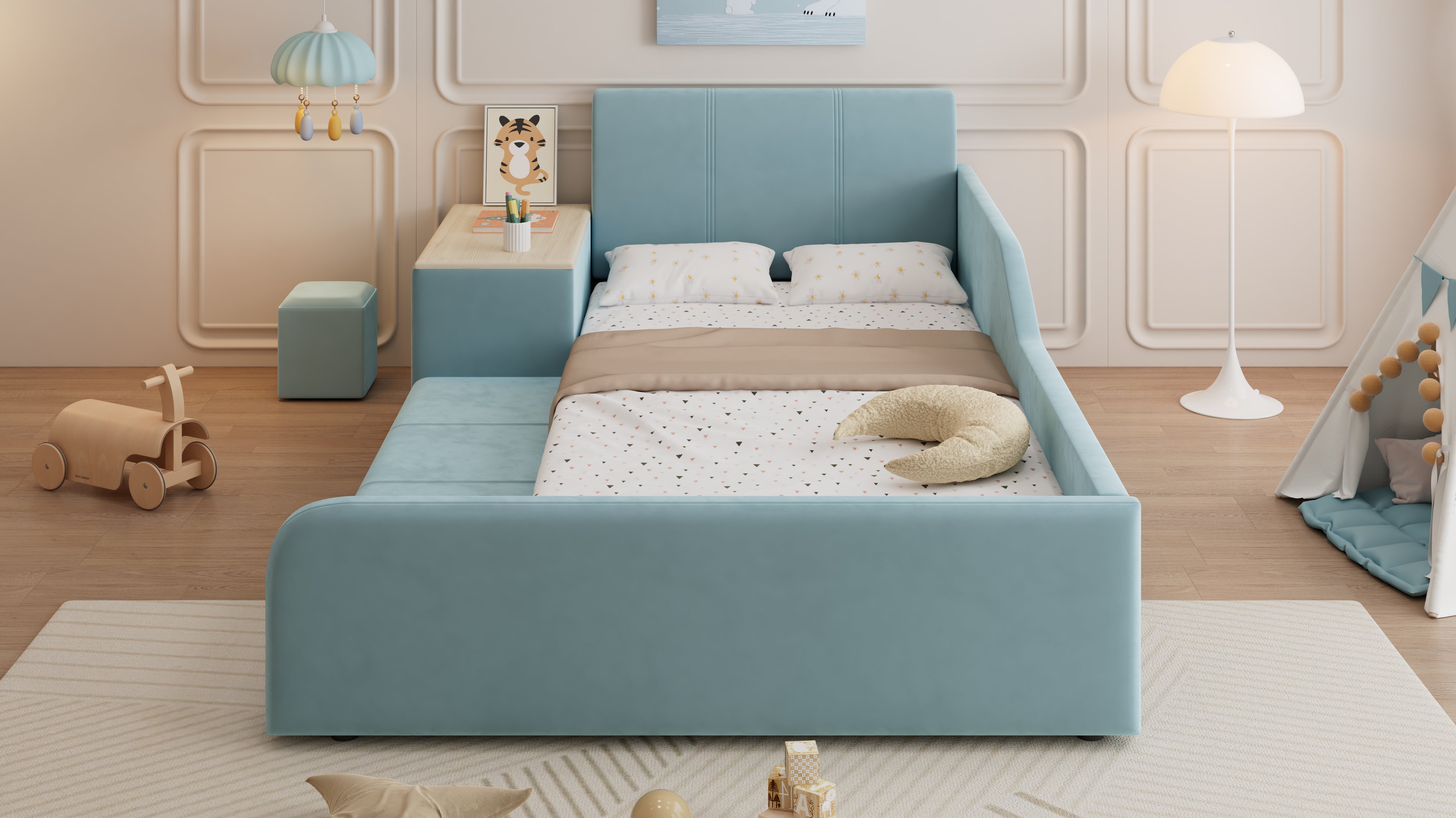 Lit enfant 90x200cm rembourré en velours - avec bureau et tabouret pour ...