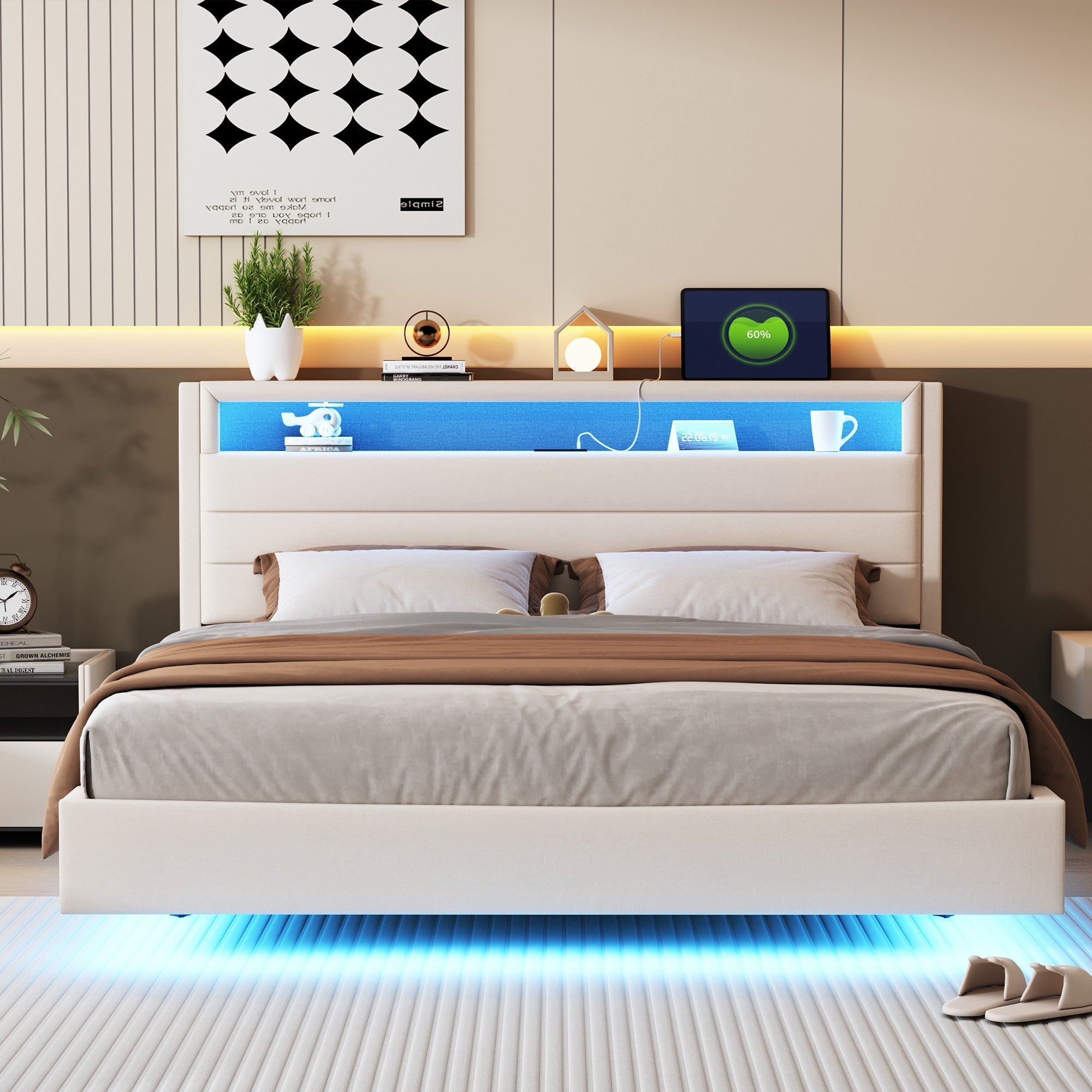 Lit Polster 160x200 cm - avec prise USB et lumière LED, tête de lit ...