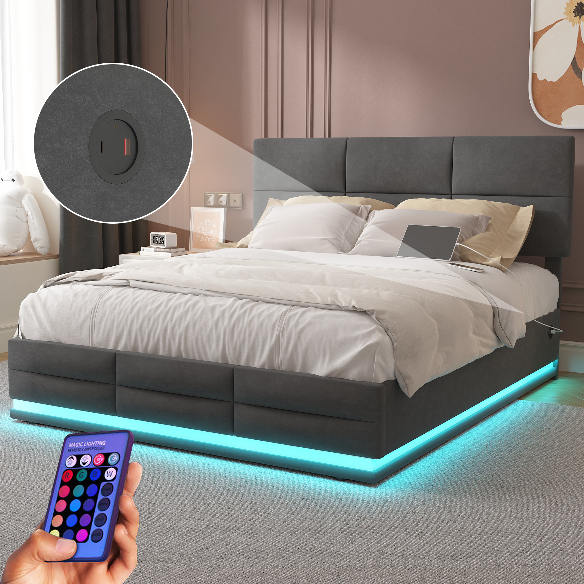 Lit coffre 160x200 cm, lit double capitonné en velours doux pour la ...