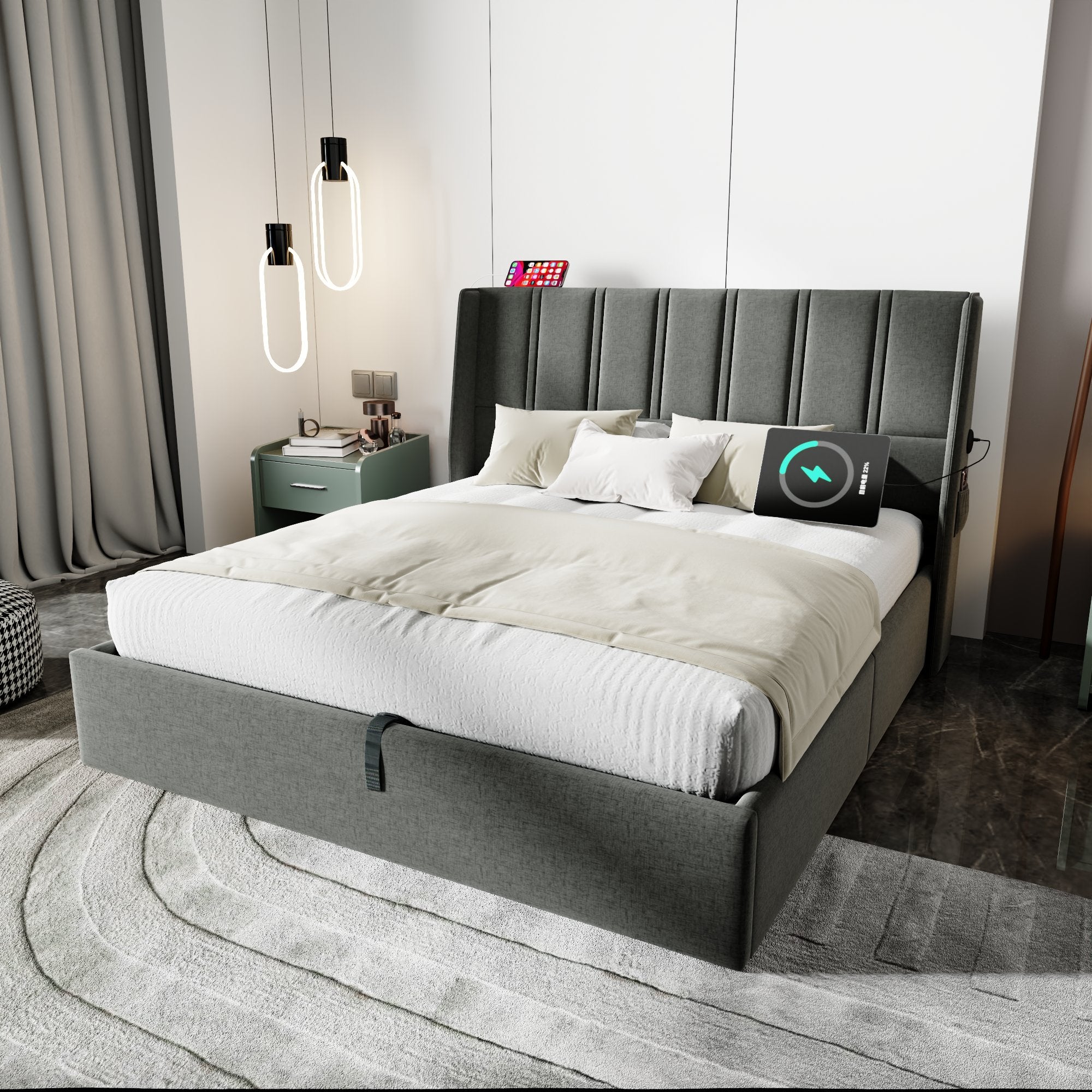 Lit simple hydraulique 140x200cm, lit de rangement, port de charge USB ...