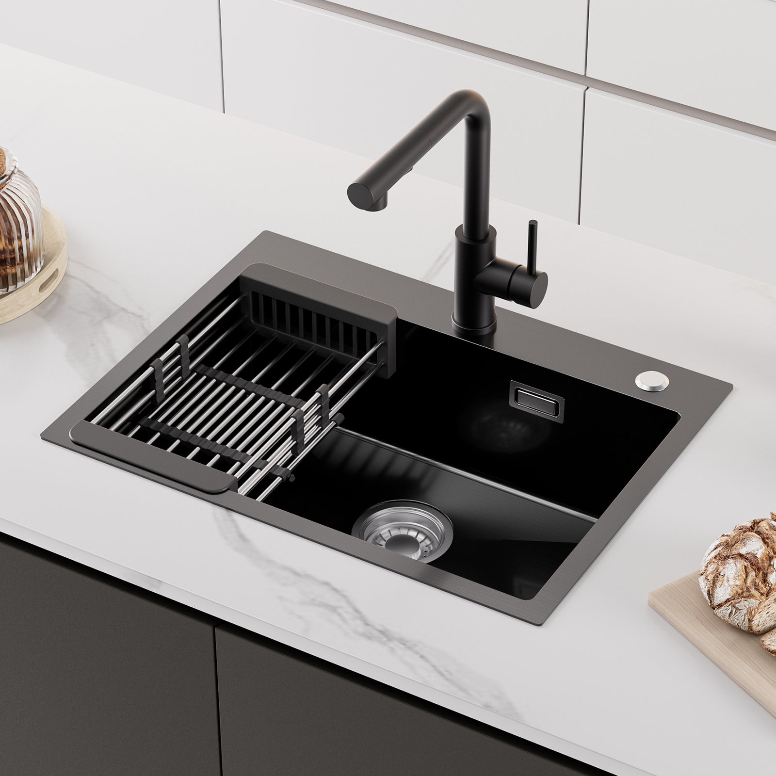 Cecipa max Évier 1 Bac avec Panier de Drainage Évier Inox Noir 60×45× ...