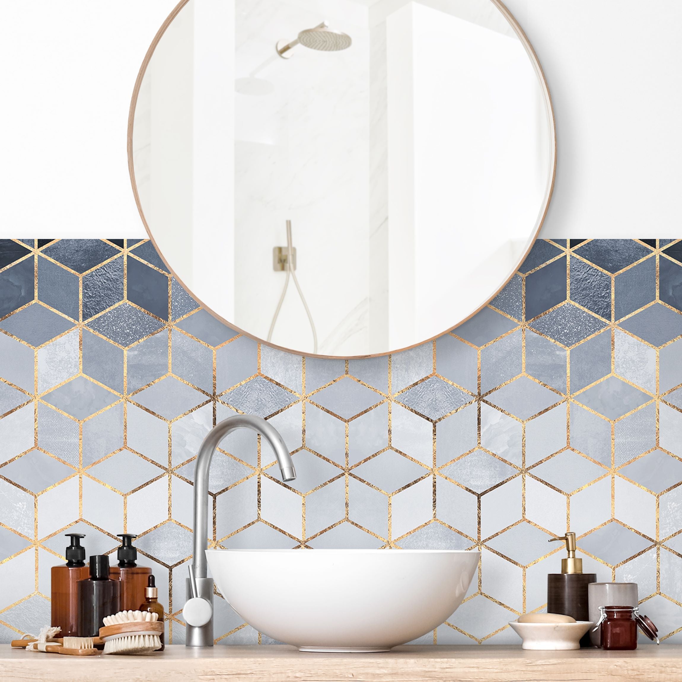 Panneau mural pour salle de bain - Géométrie bleue et blanche dorée II 350 x 50 cm | Leroy Merlin