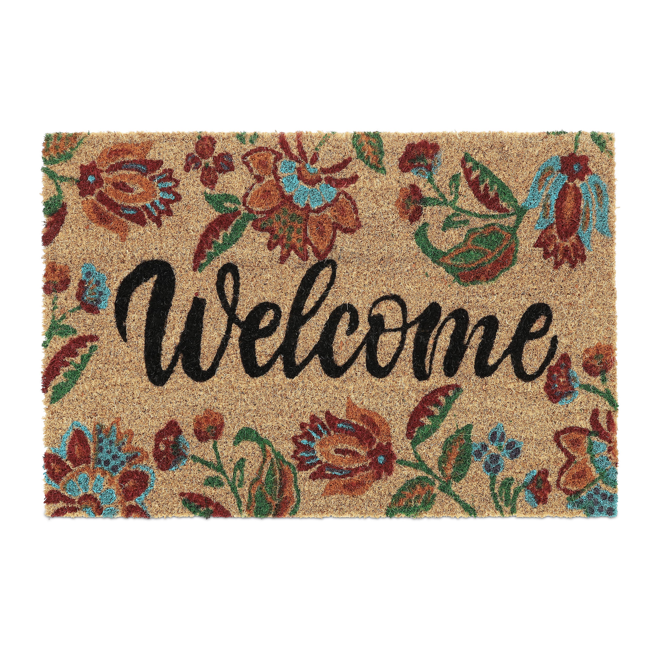 Felpudo Fibra de Coco, Flores, Mensaje Welcome, 40 x 60 cm, Interior y ...