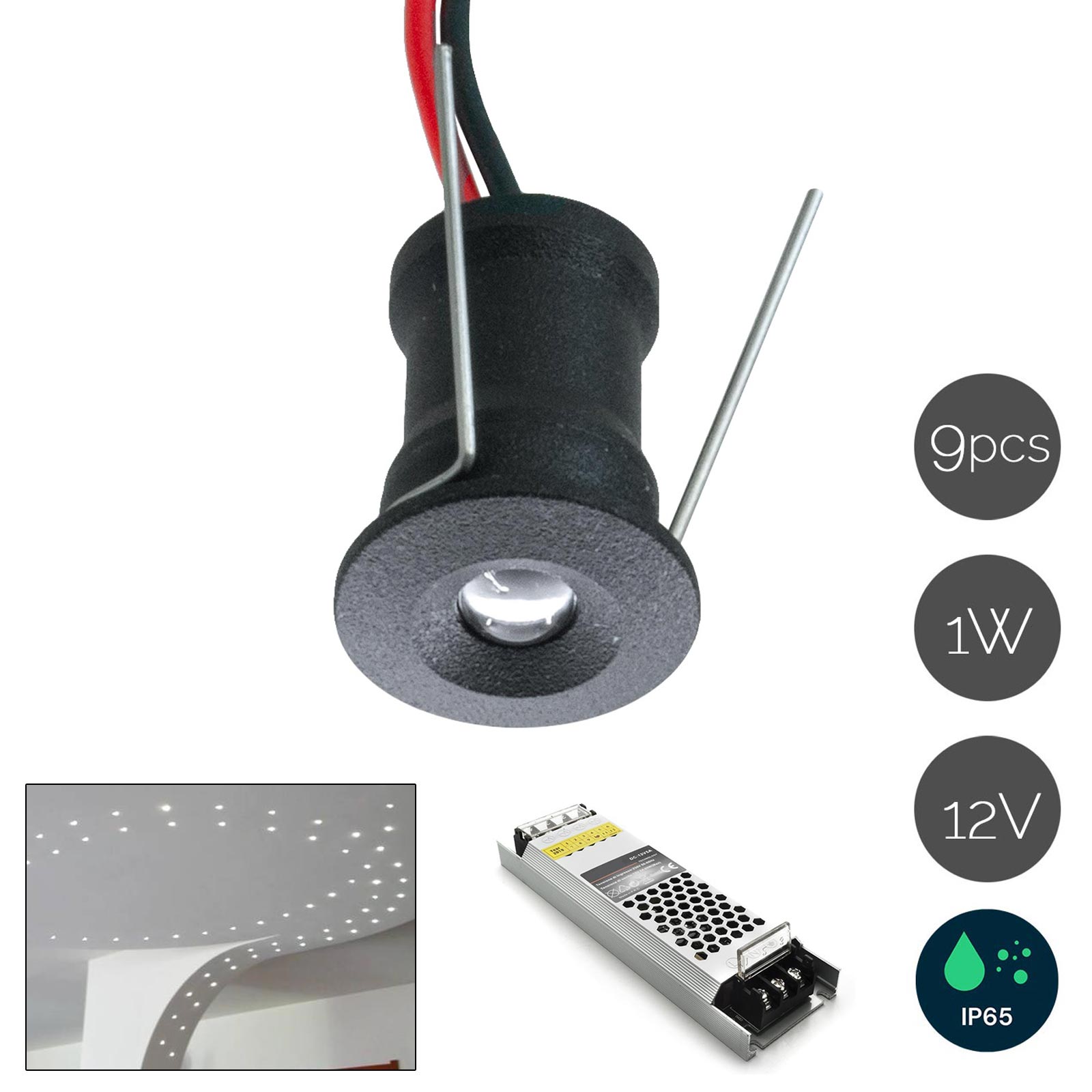 KIT 9 pièces Mini spot IP65 LED 1W 12W sortie point lumineux encastré ...