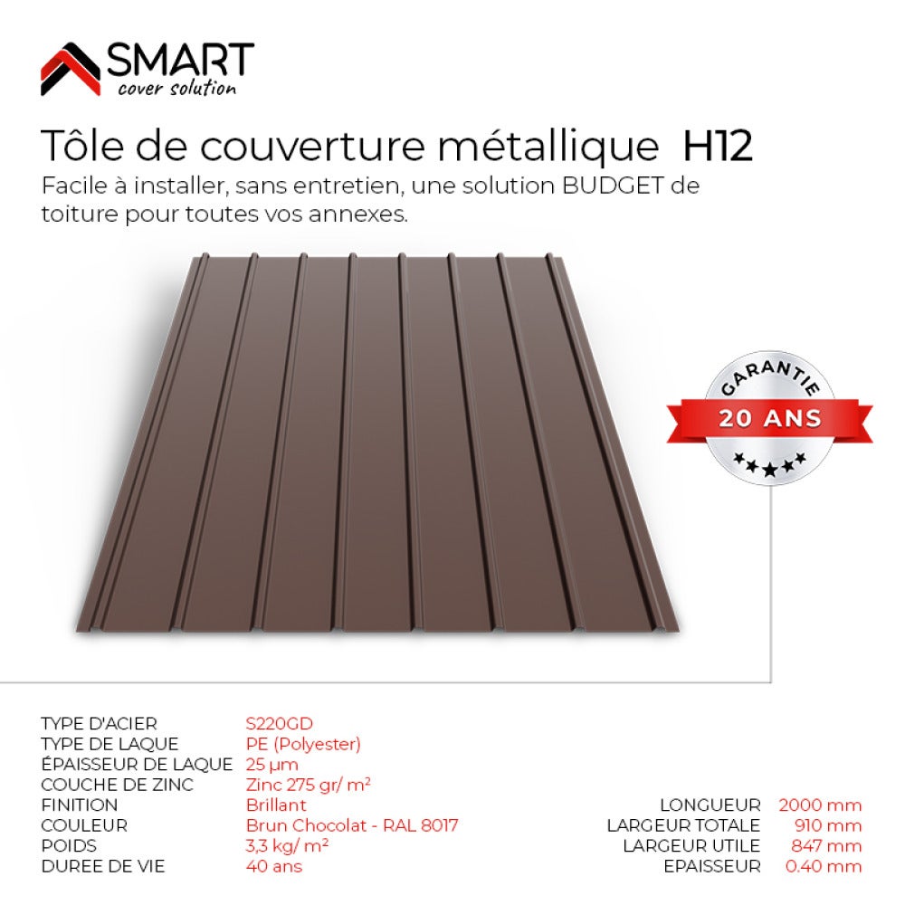 Tôle bac acier - Toiture - Couverture - plaque H12 Coloris Brun ...
