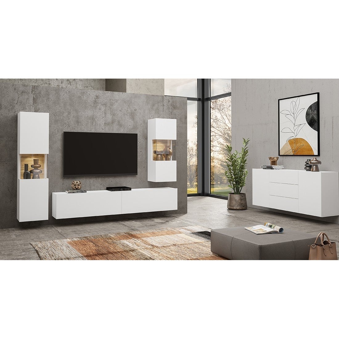 Ensemble de 4 meubles de salon collection EVA. Couleur blanc et chêne ...