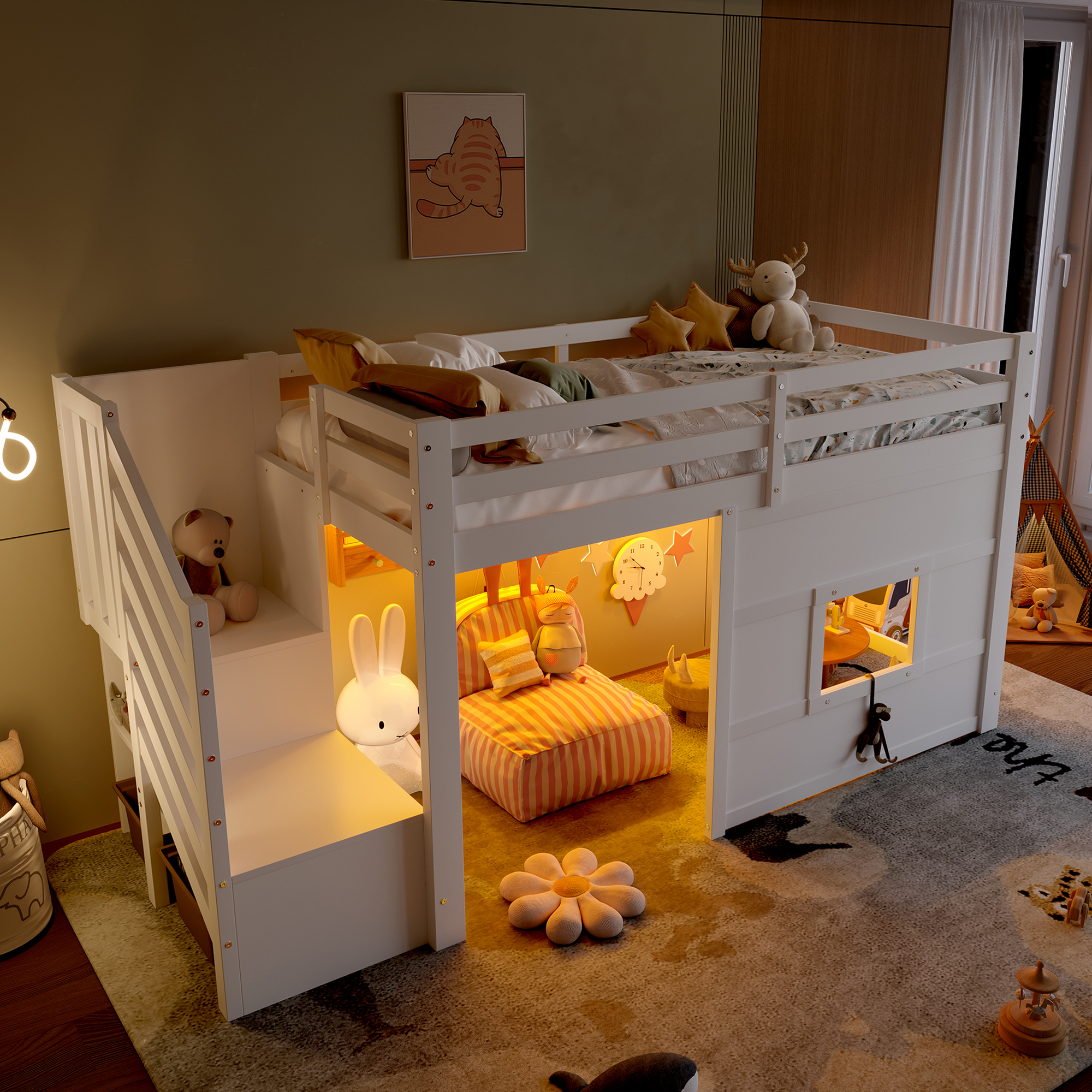 Lit mezzanine 90 x 200 cm avec escalier de rangement et fenêtre - MDF ...