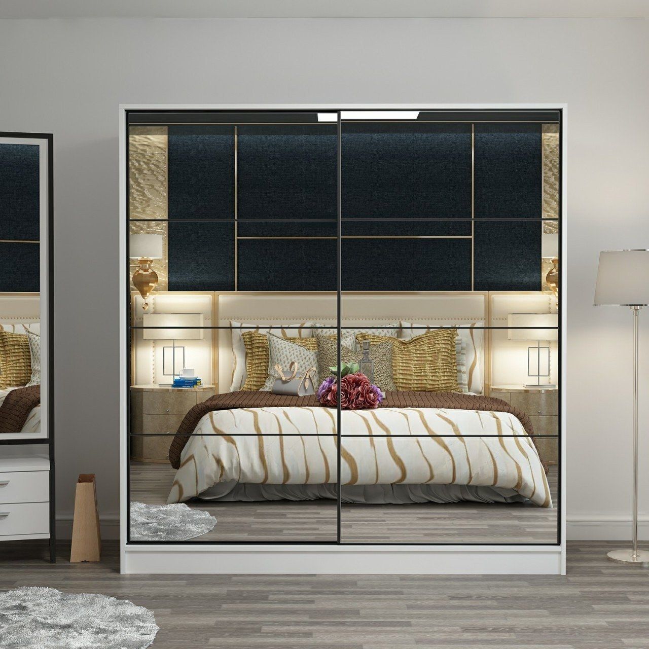 Dressing Carina Blanc L220xH210cm avec 2 portes coulissantes Miroir ...