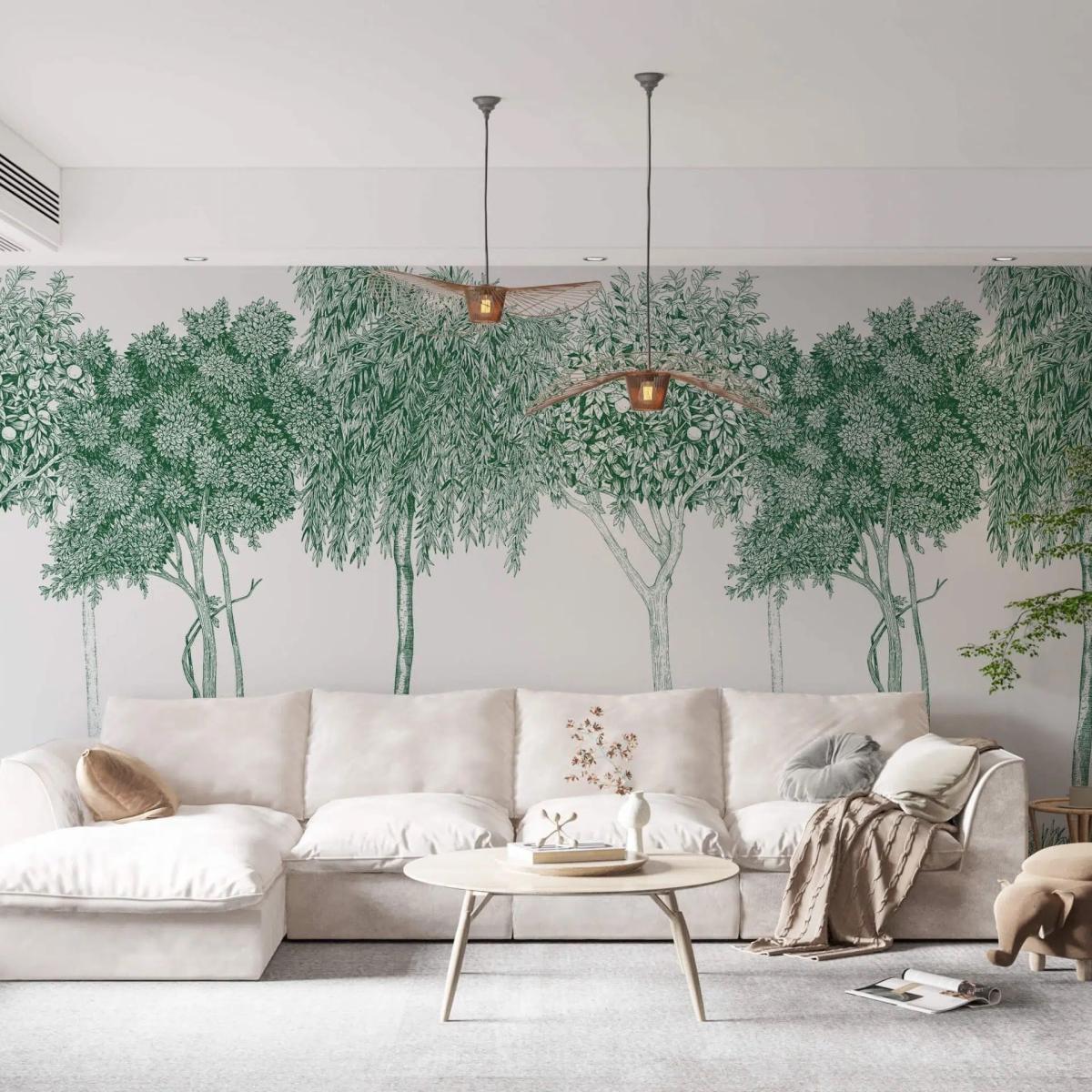 Papier peint panoramique avec paysage de grands arbres verts - 85x260 ...