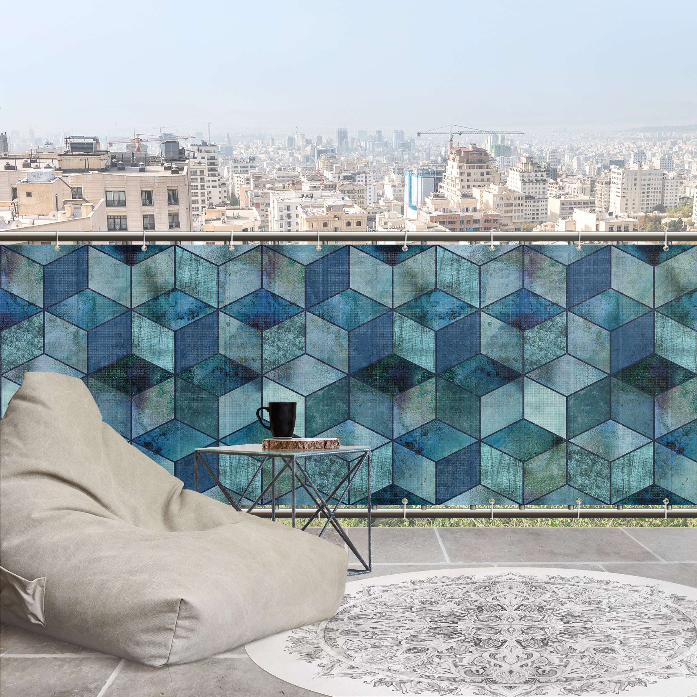 Telo frangivista per balcone - Motivo a cubi color blu cristallo 900 x ...