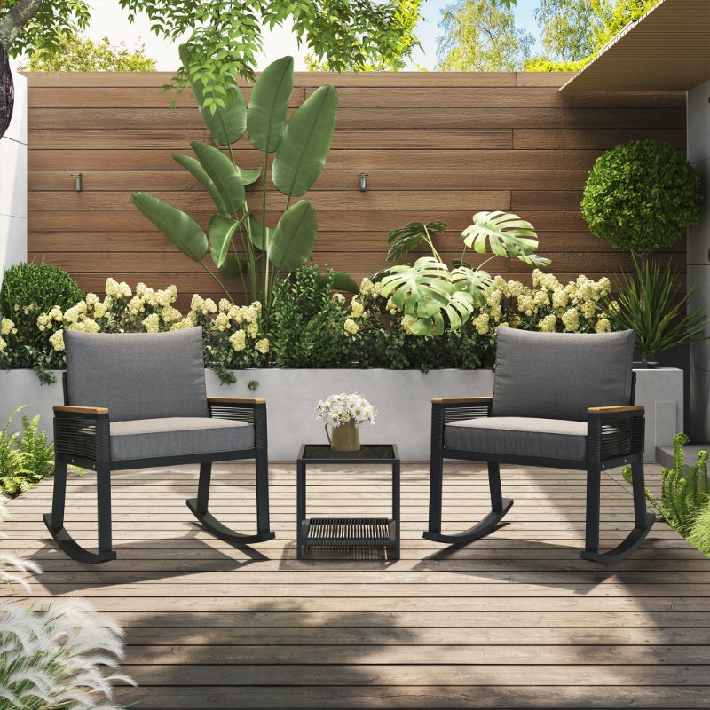 Salon de Jardin 3 Pièces avec Fauteuils à Bascule en Corde et Table ...