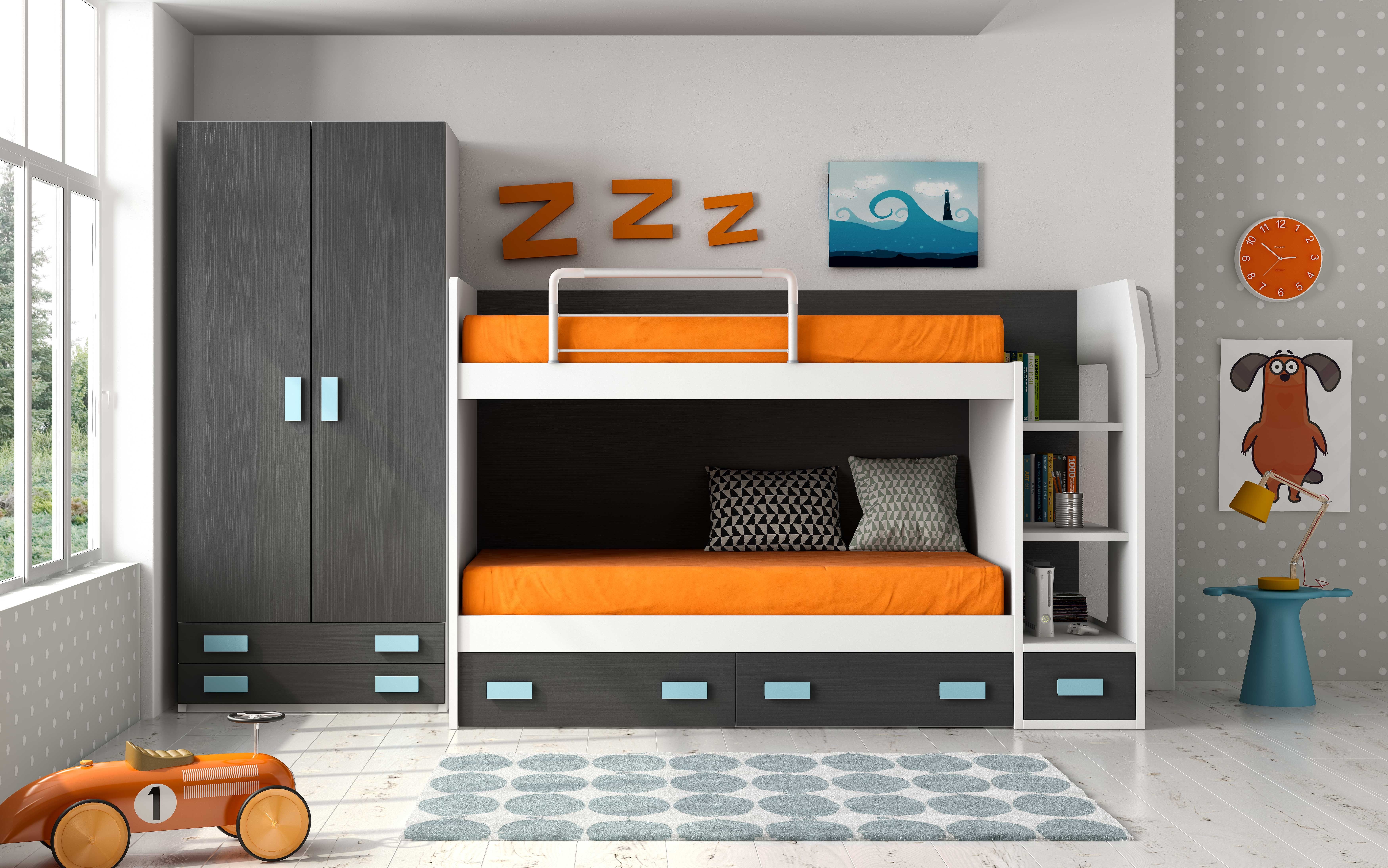 Lit superposé avec rangement Bi couleur Maxo 90x190-Façade Bleu ciel ...