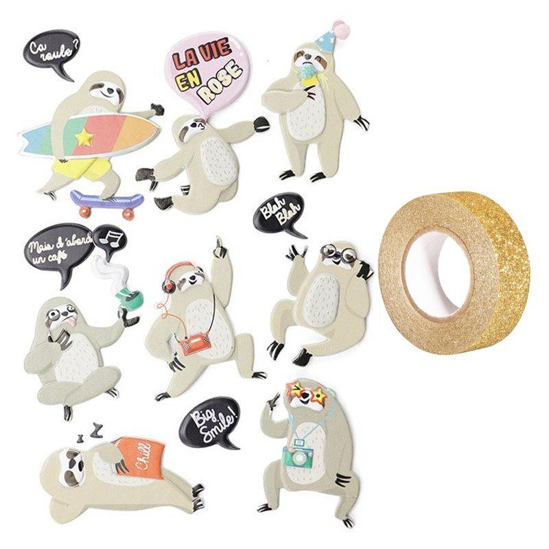 15 stickers 3D Paresseux + masking tape doré à paillettes 5 m - Youdoit ...