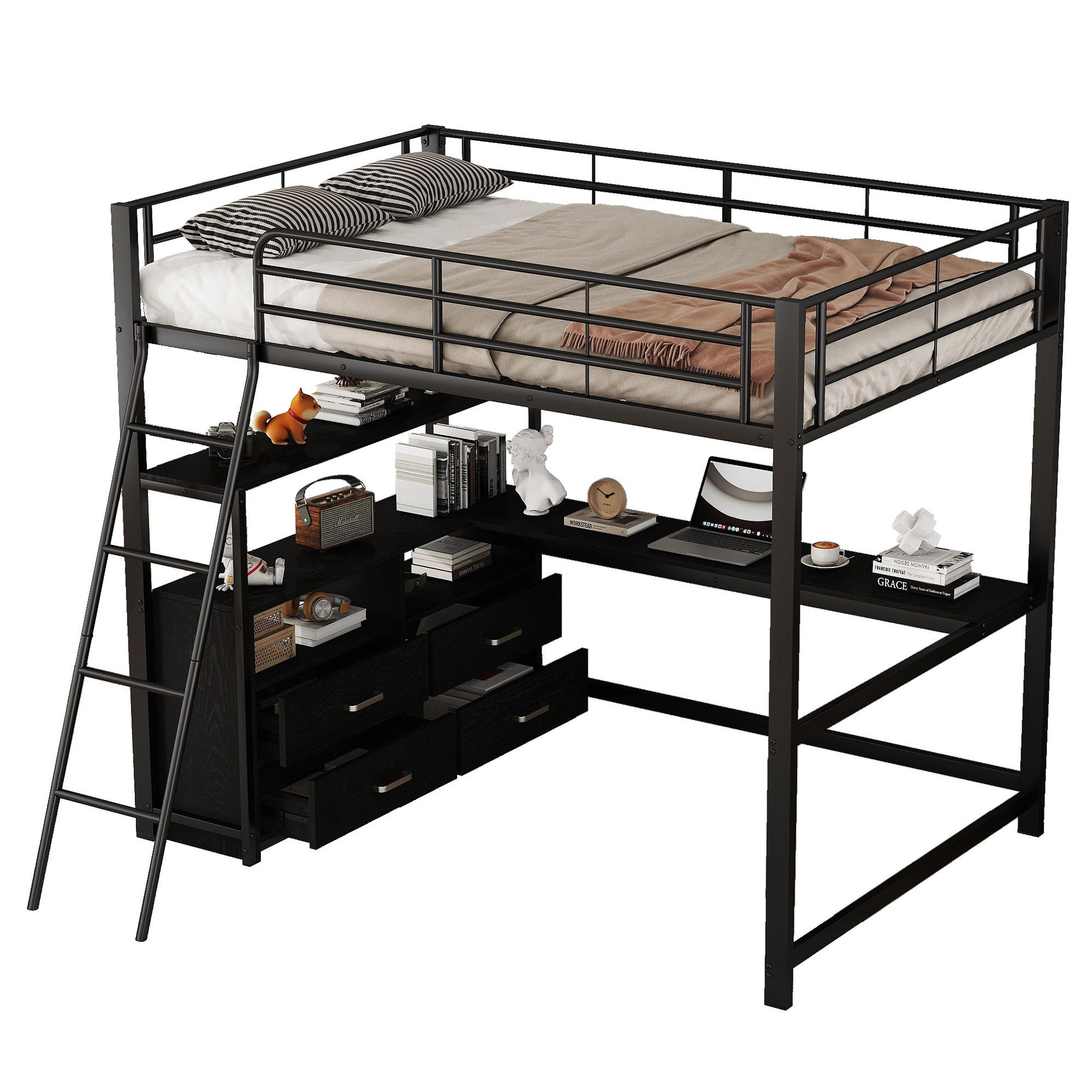 Lit mezzanine Lit double 140x200 cm, avec bureau d'angle, deux tiroirs ...