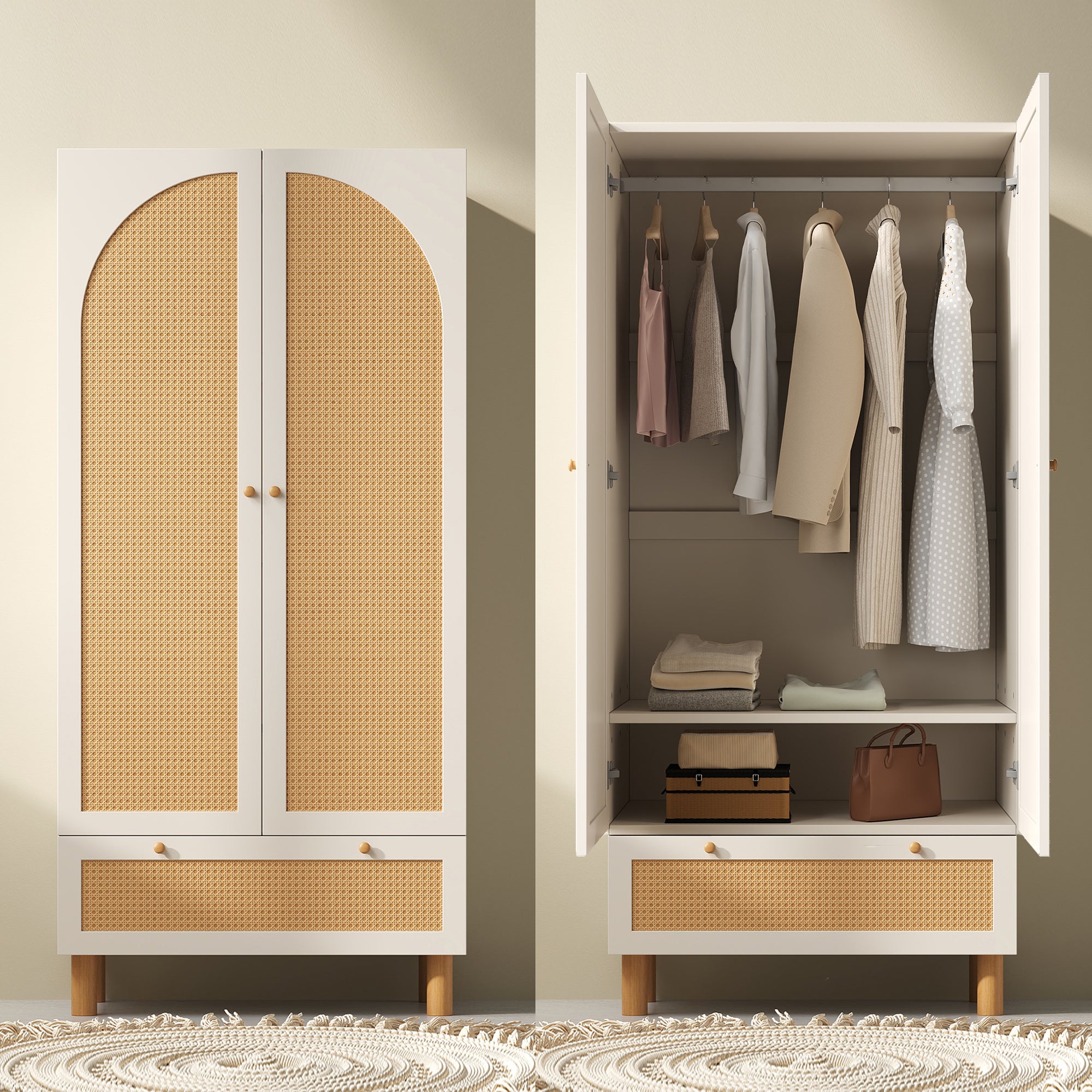 Armoire avec 2 porte en rotin et 1 tiroir - 85.5 x 52 x 180 cm - MDF ...