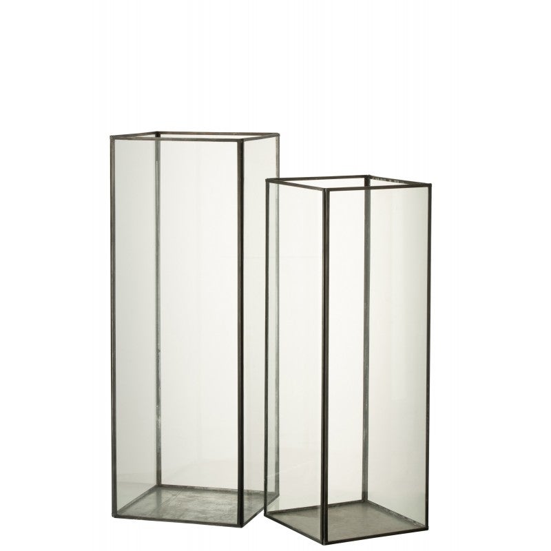 Assortiment de 2 photophores rectangles en verre et métal noir | Leroy ...