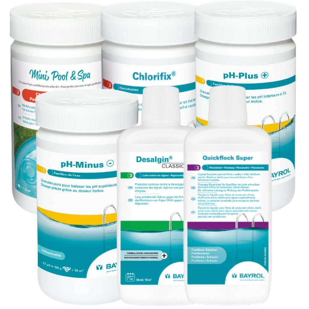 Pack produits Bayrol Piscine hors-sol : 5 fonctions 1kg, Choc 1kg, pH ...