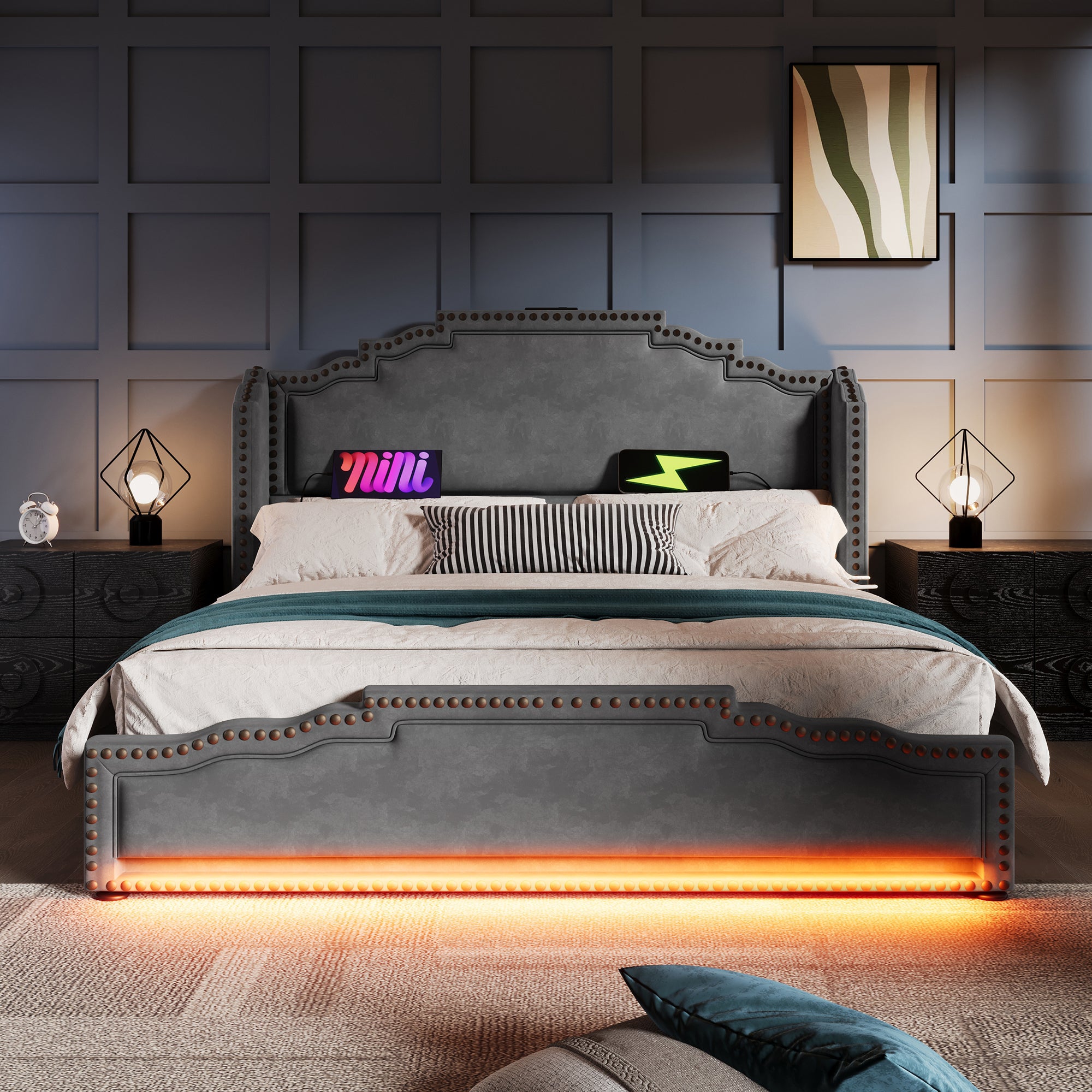 Lit double rembourré 160x200cm - avec 4 tiroirs - avec LED et ports de ...