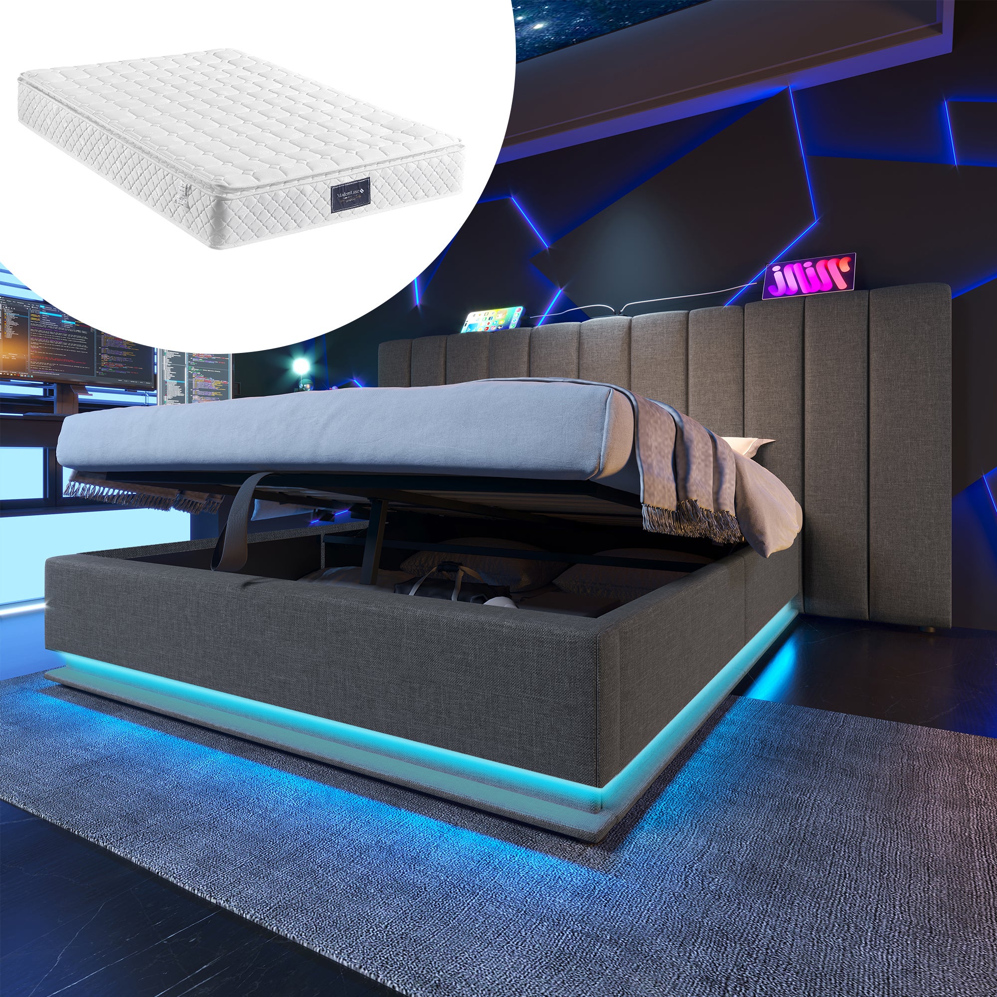 Lit capitonné 160x200 cm - Lit de rangement avec LED & USB-C ...