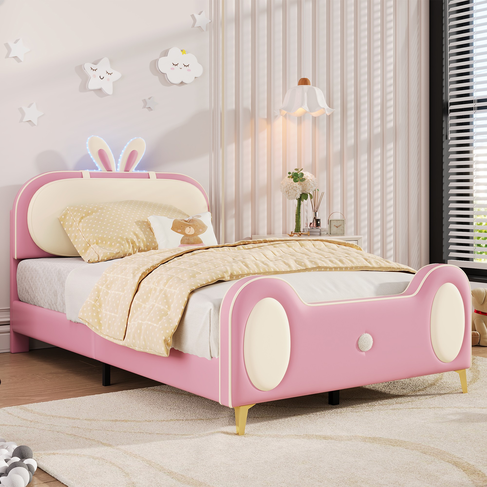 Lit simple enfant 90x200 cm, tête de lit lapin, bande LED, cadre en ...