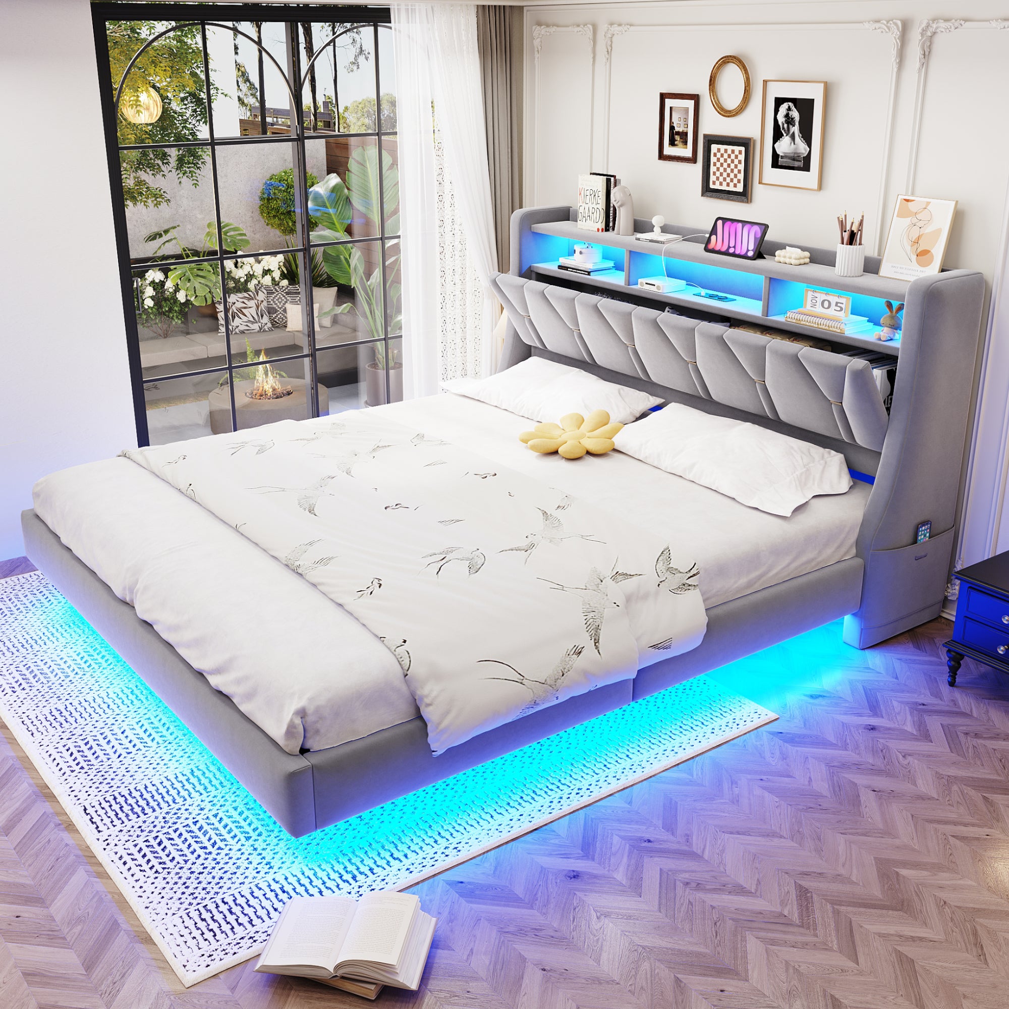 Lit capitonné 180x200cm,Lit double moderne avec lumière LED et port USB ...