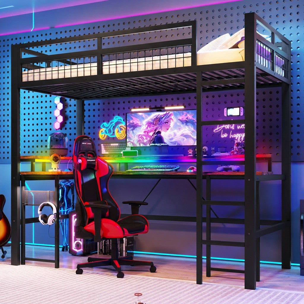 Lit Mezzanine 90x200 avec Bureau et LED, Cadre Métal Noir, USB et ...
