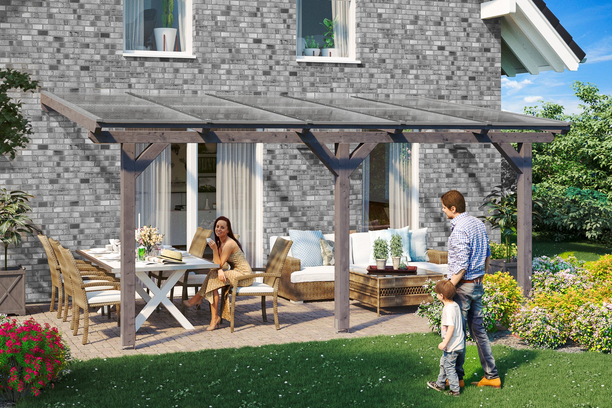 Pergola bois adossée SKAN HOLZ Bormio 541x400cm, bois lamellé-collé, traitement coloré gris ...