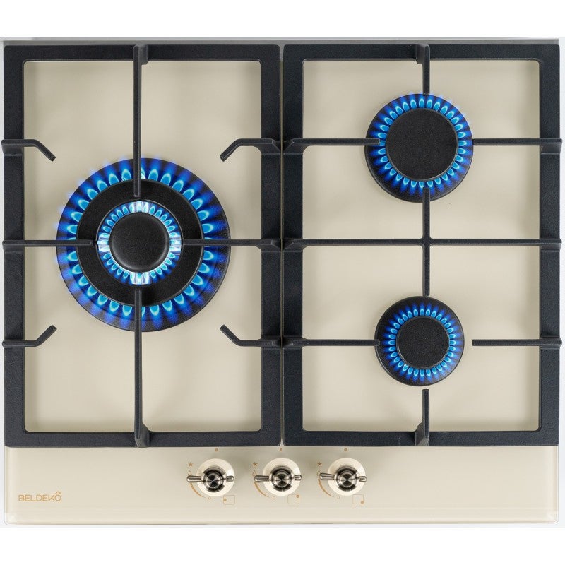 PLAQUE DE CUISSON GAZ 3 FOYERS DOUBLE COURONNE - VERRE BEIGE ET FONTE ...