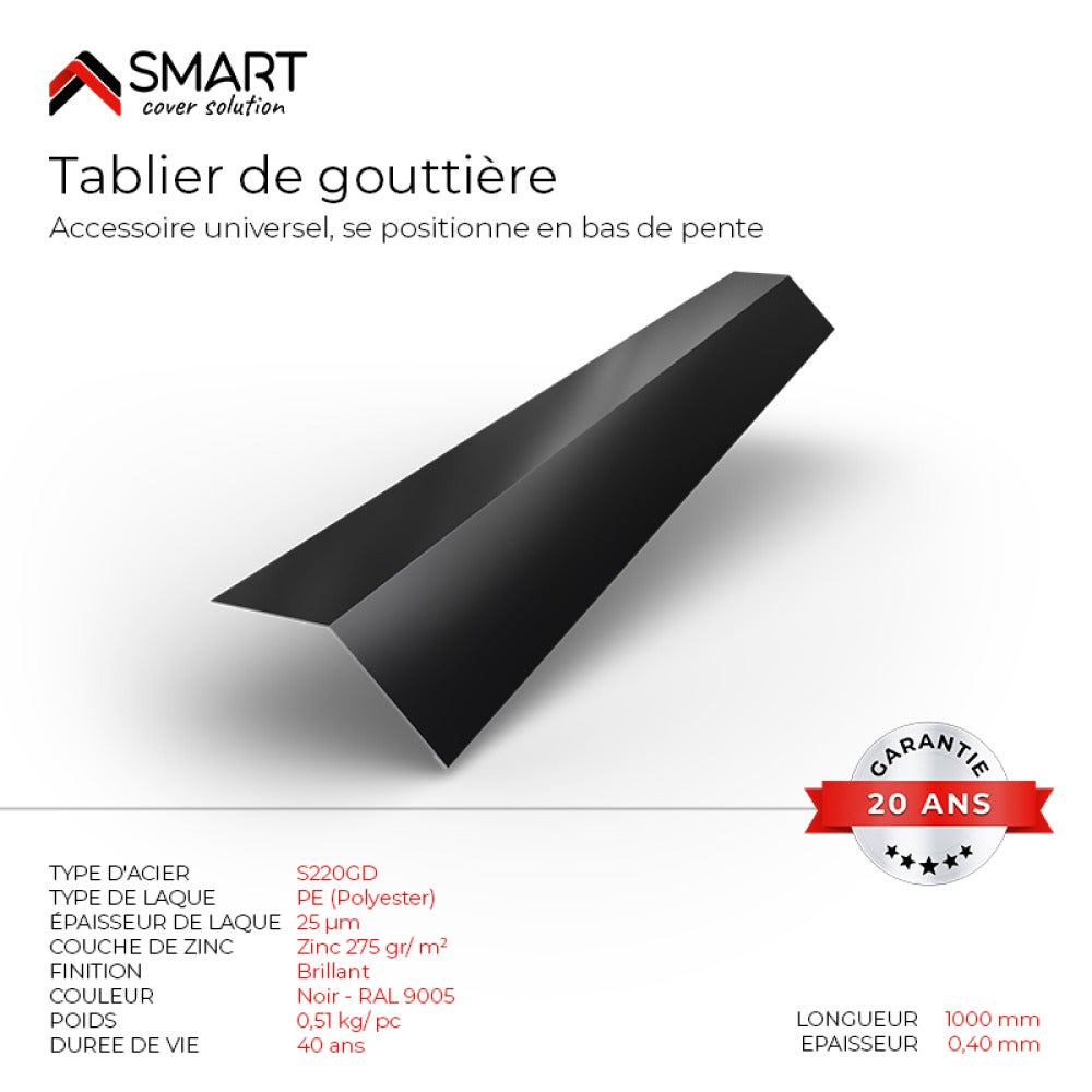 Tablier de gouttière - bac acier - tôle de couverture - Toiture - H12 Noire RAL 9005 L=1m | Bricoman