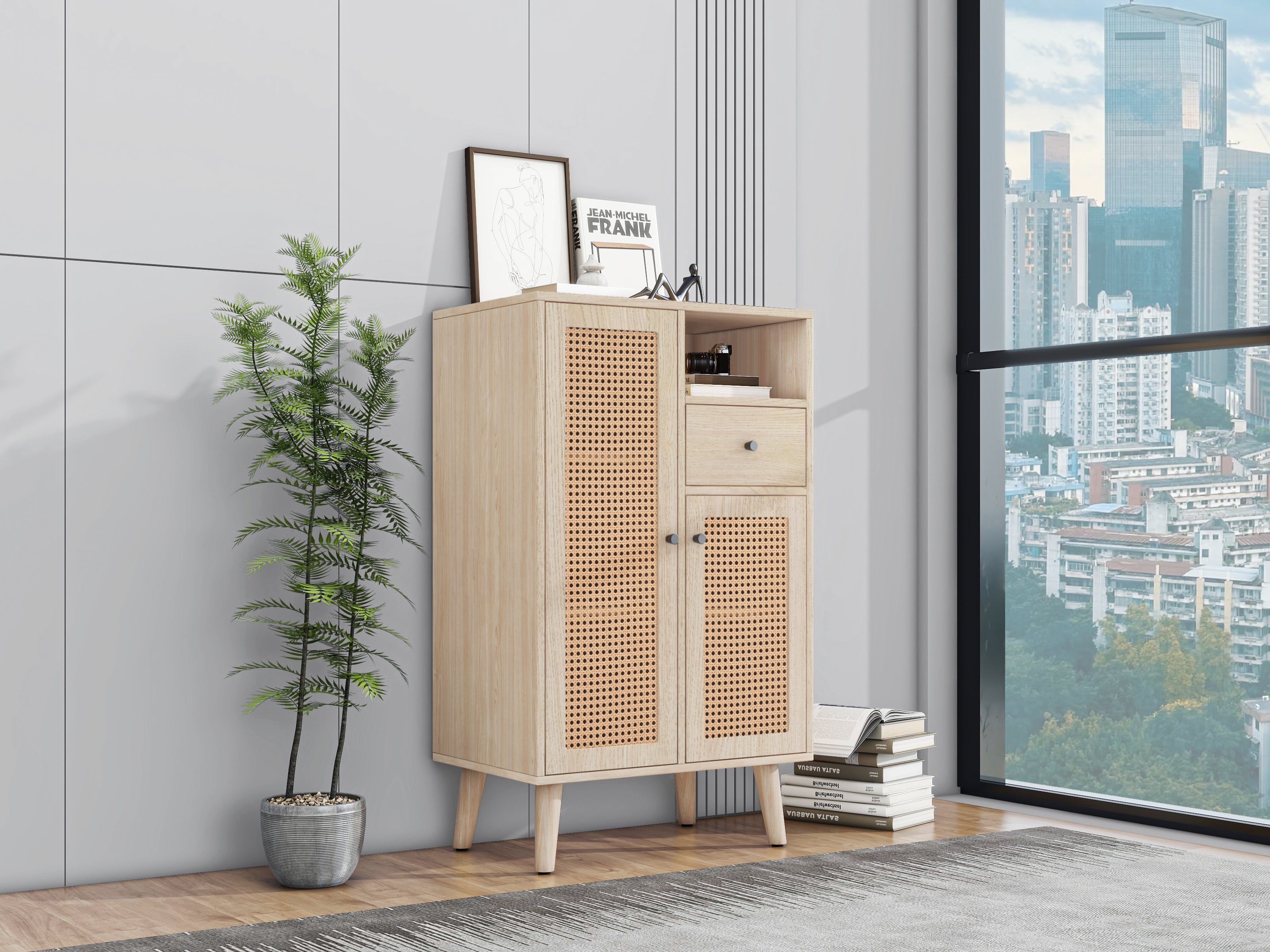 Buffet d'angle 60x40x101cm 2 portes rotin 1 tiroir grande capacité bois ...