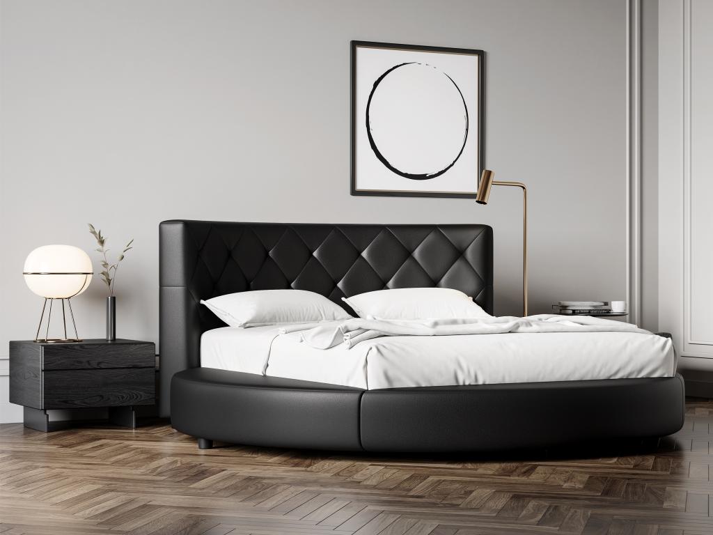 Lit rond 140 x 190 cm avec tête de lit capitonnée - Simili - Noir ...