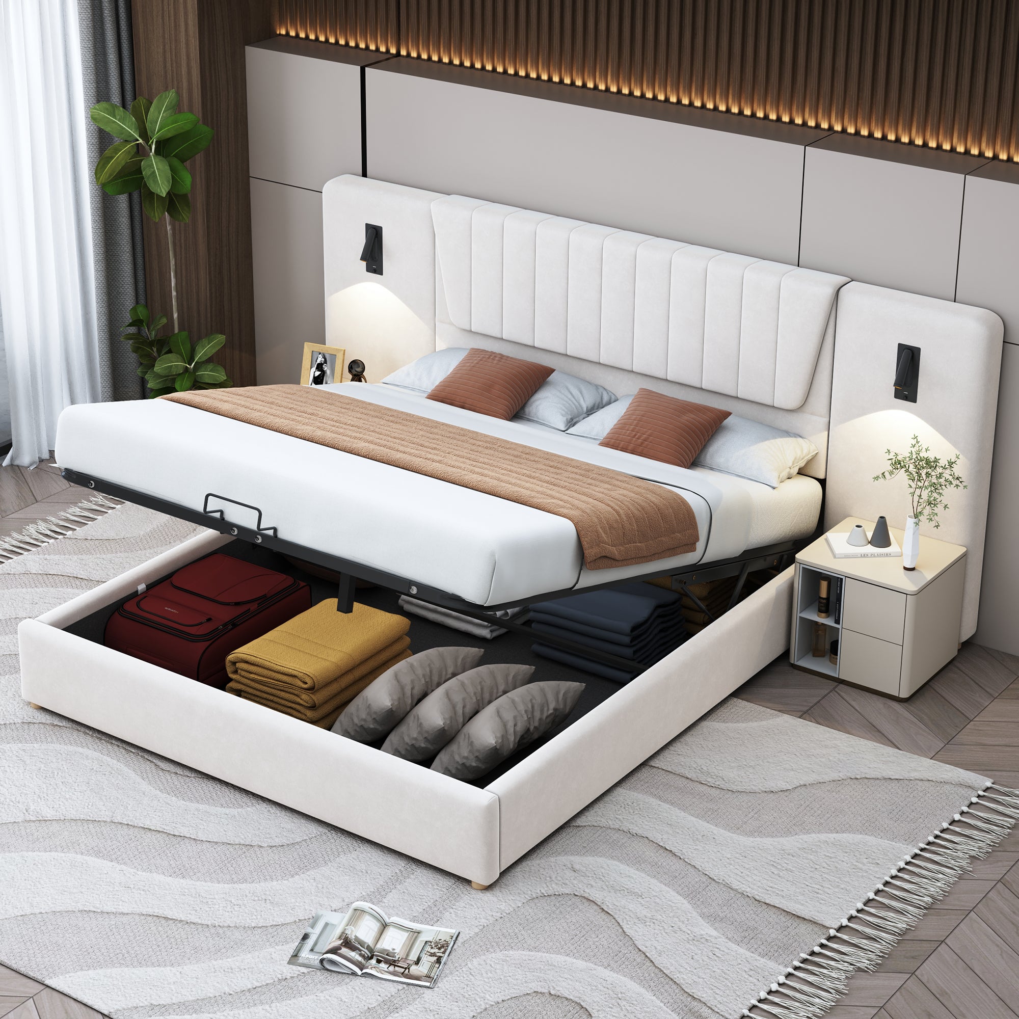 Cama tapizada 180*200cm, con respaldo extra largo, con puerto de carga ...