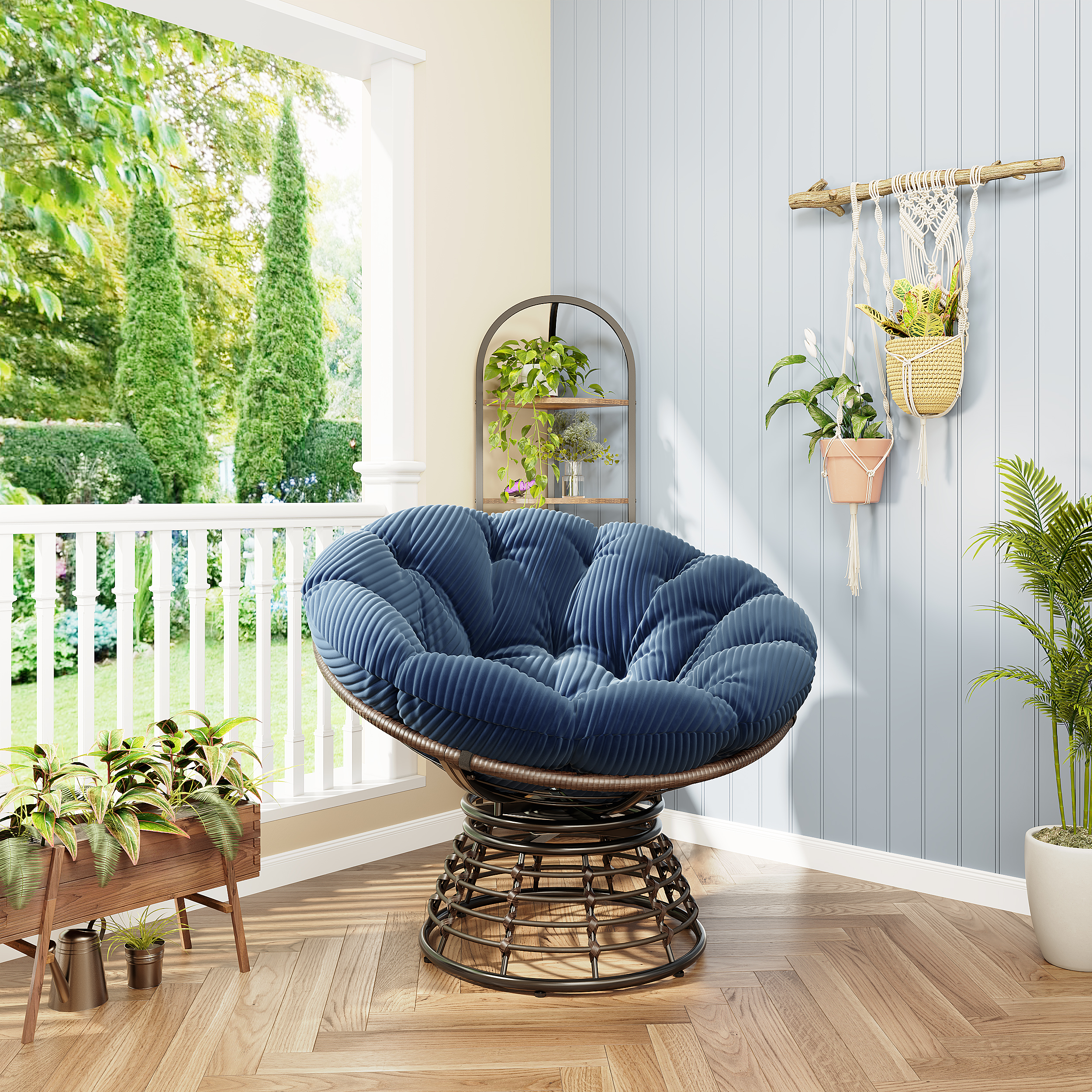Chaise san marron + coussin bleu marine Comforta, pivot 360°, int/ext ...