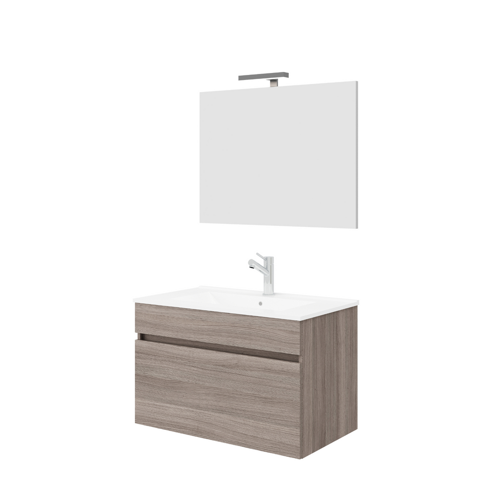 Set da bagno sospeso olmo "Velira" con lavabo integrato e specchio LED ...