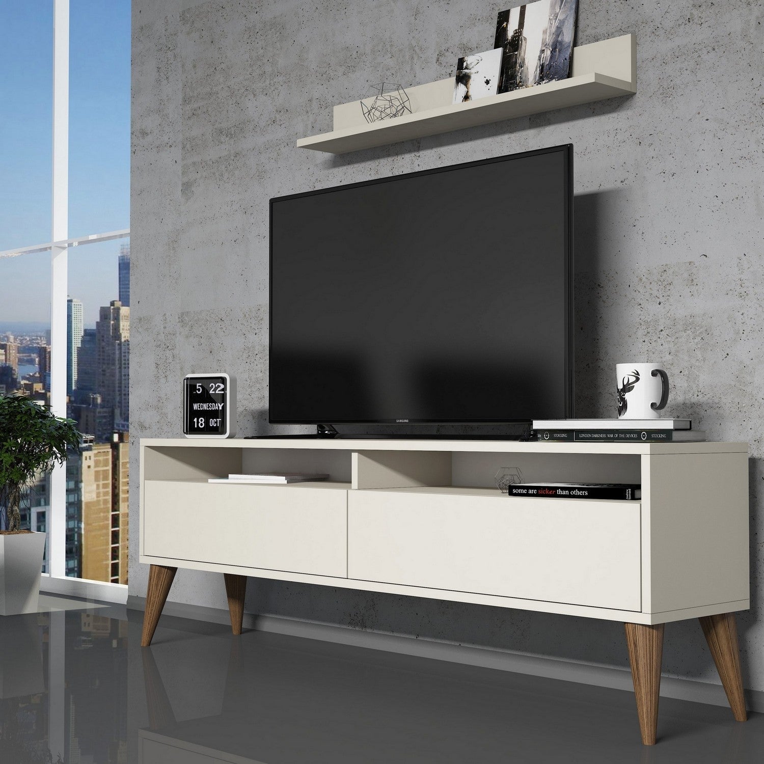 Meuble TV moderne crème avec étagère murale, 150 cm de large et 50 cm ...