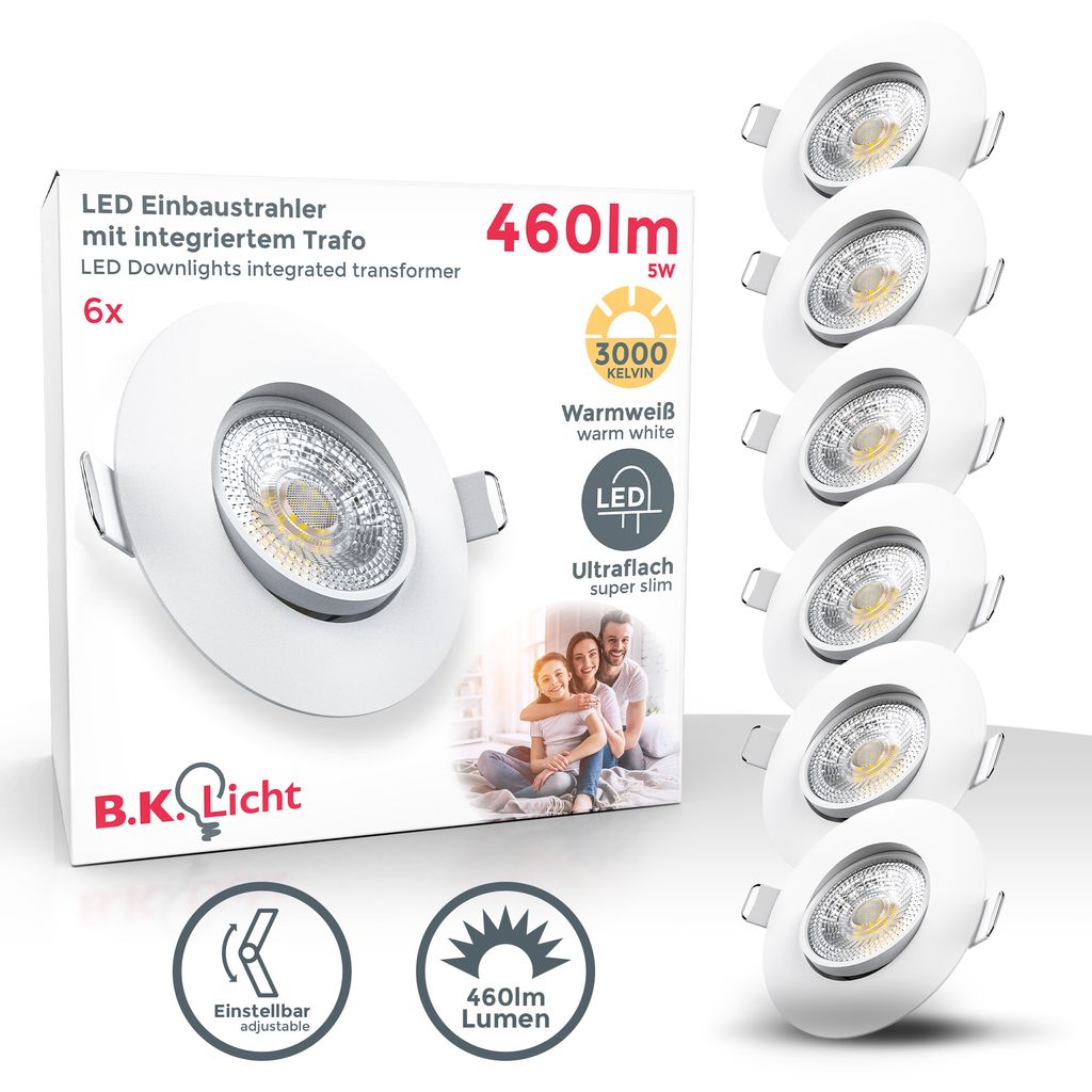 B.K.Licht Set 6 spots LED encastrables Ø68mm blanc, 5W 460lm chacun, 3000K blanc chaud, ultra ...