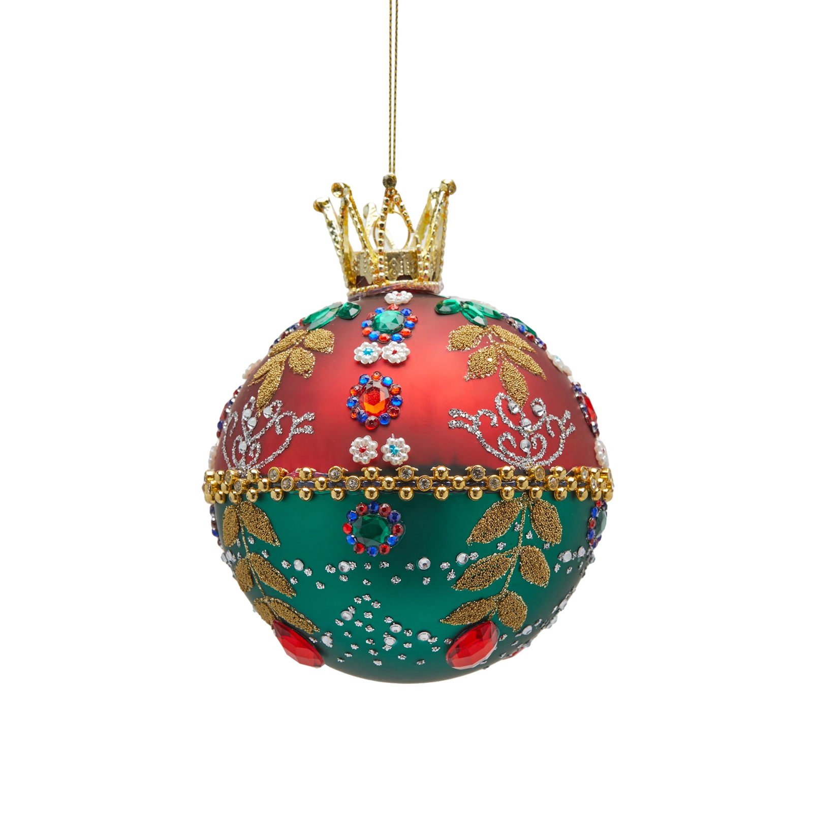 Boule "Boheme" rouge et verte avec détails dorés et couronne, diamètre ...