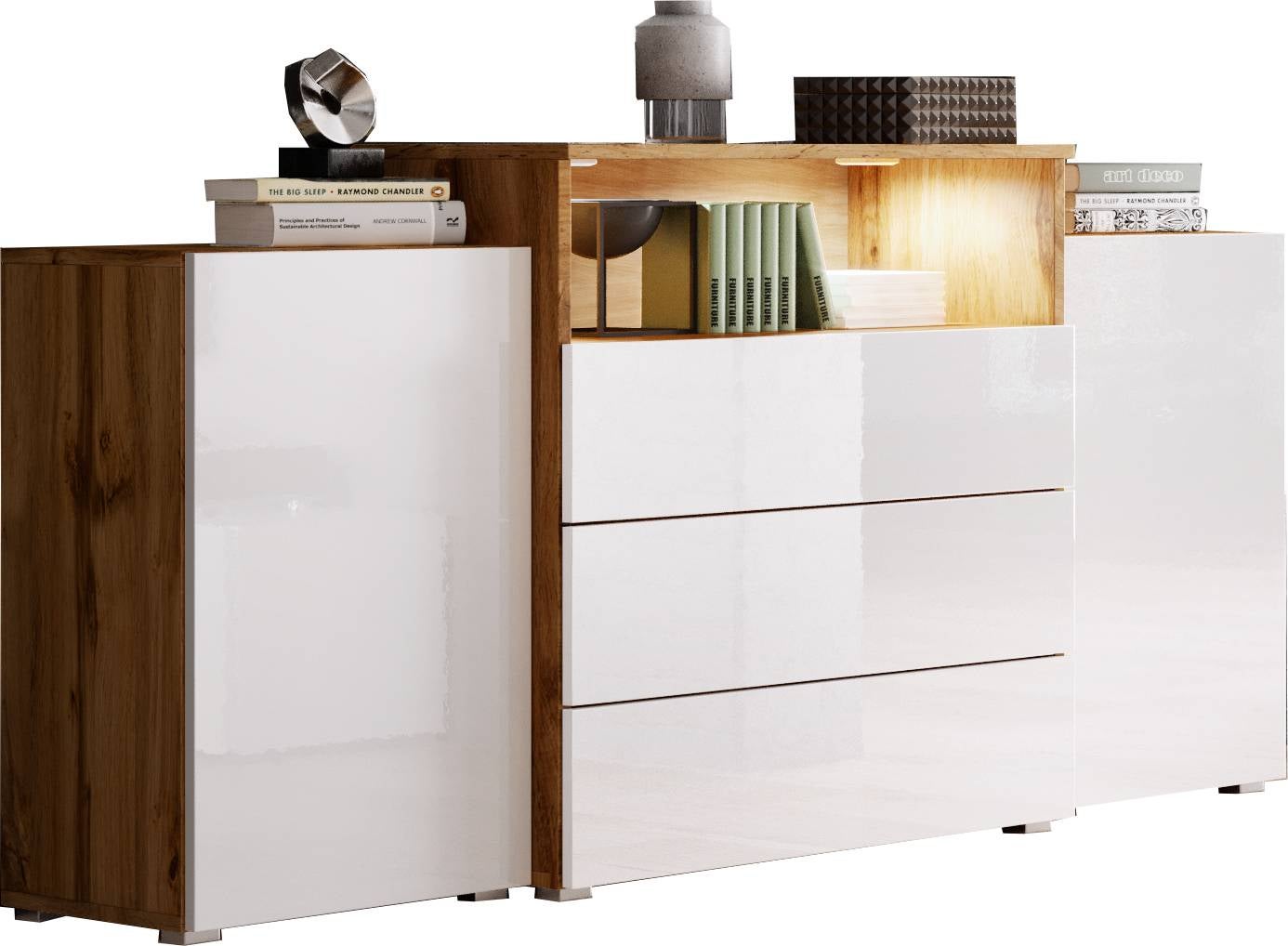 Minio go for it, Buffet pour le salon KORFU III, 150 cm, Chêne Wotan / Blanc brillant, avec ...