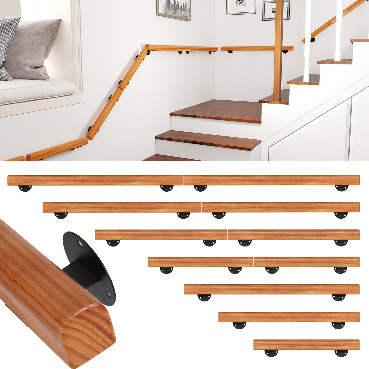 Pasamanos de haya Barra de barandilla de madera 120 cm Asa de escalera ...