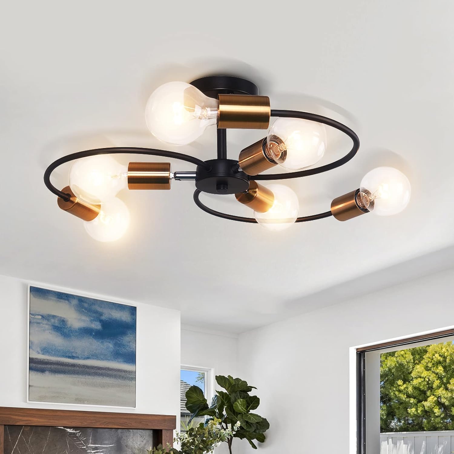 Plafonnier Moderne, 6-Lumières Lampe Plafond , Noir Or Luminaire ...